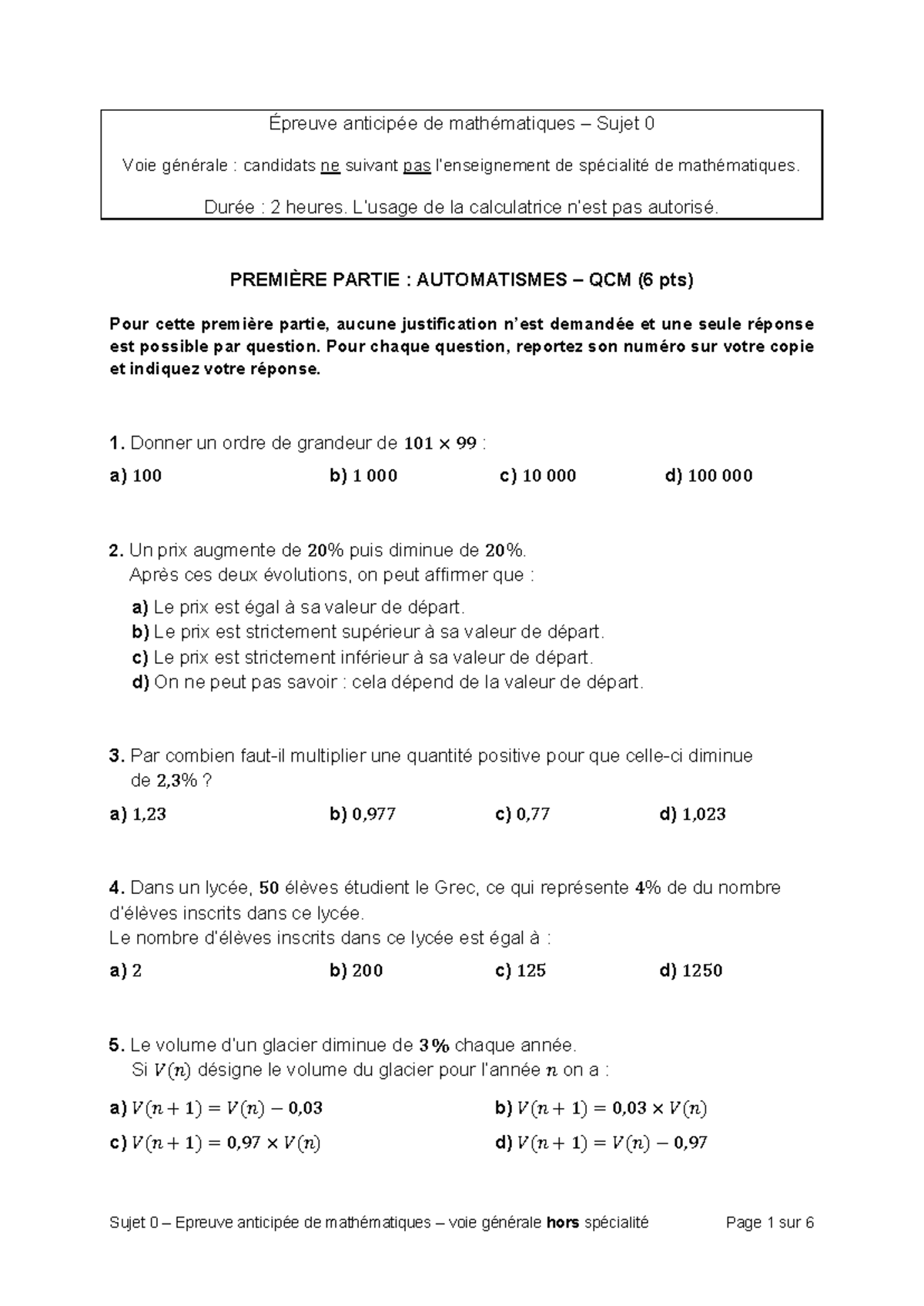 BAC BLANC - Épreuve Anticipée de Mathématiques Sujet 0 - Voie Générale ...