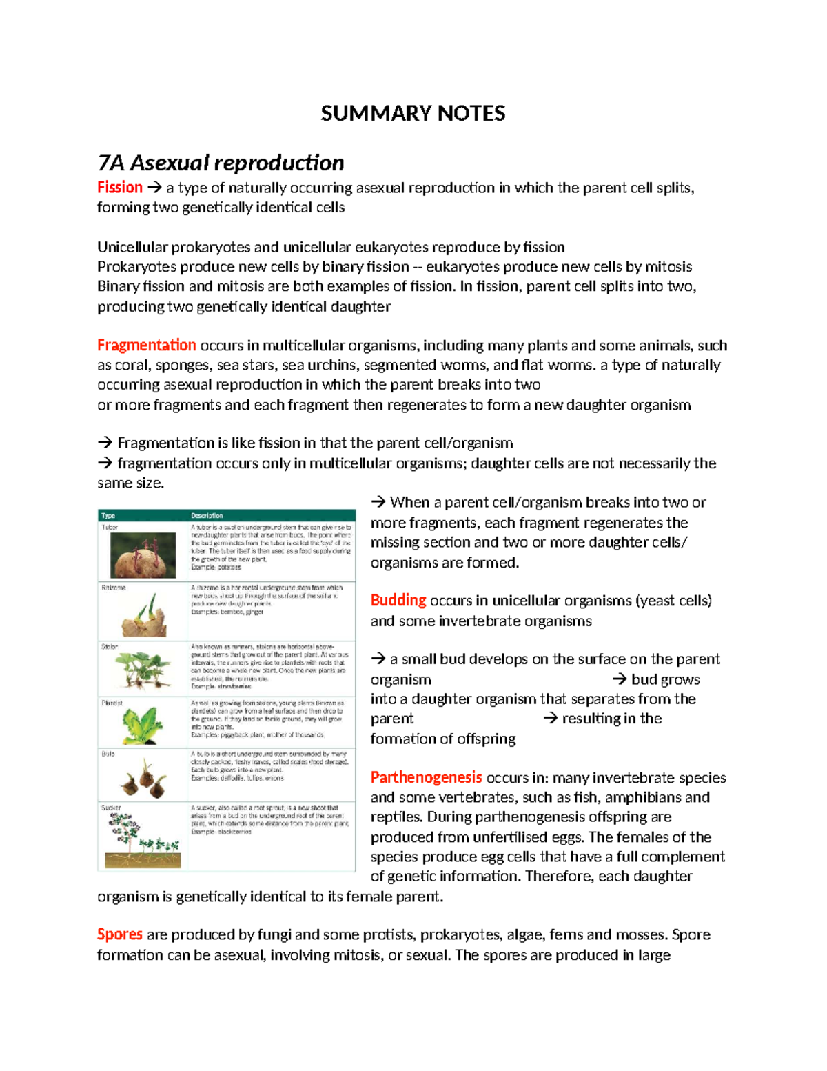Biology 7A Summary Notes: Asexual Reproduction and Its Types - Studocu