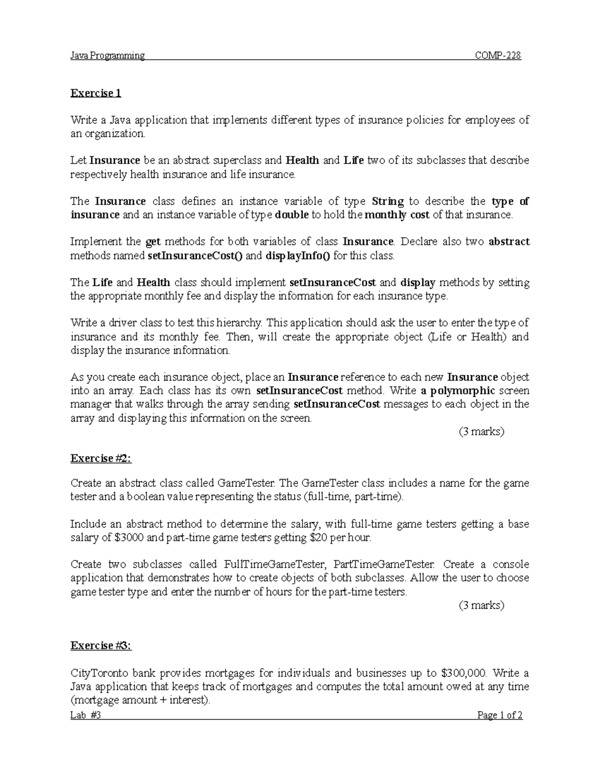 Lab3 - 228 - Lab 3 - Java Programming COMP- Exercise 1 Write a Java application that implements ...