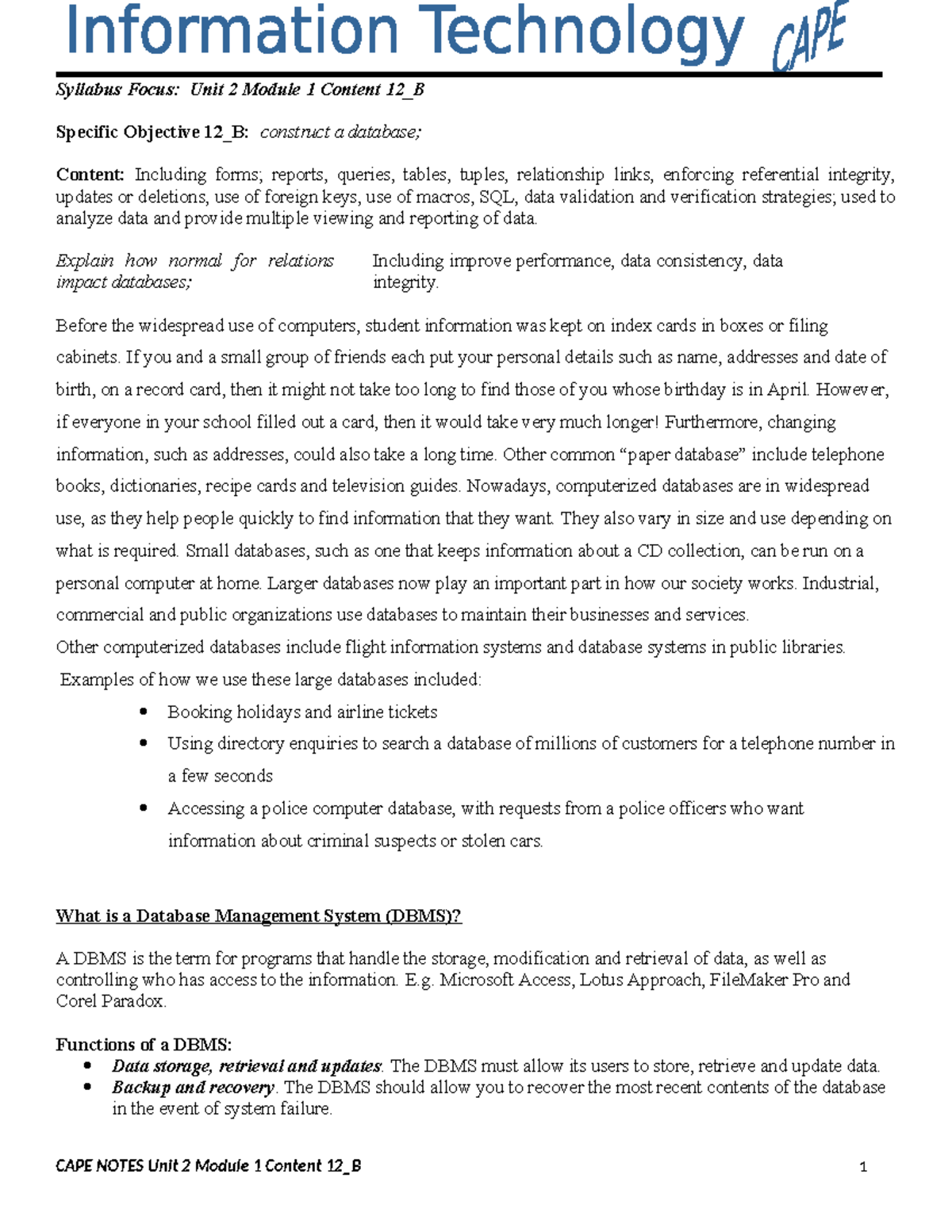 Cape notes unit 2 module 1 content 12 - Syllabus Focus: Unit 2 Module 1 ...