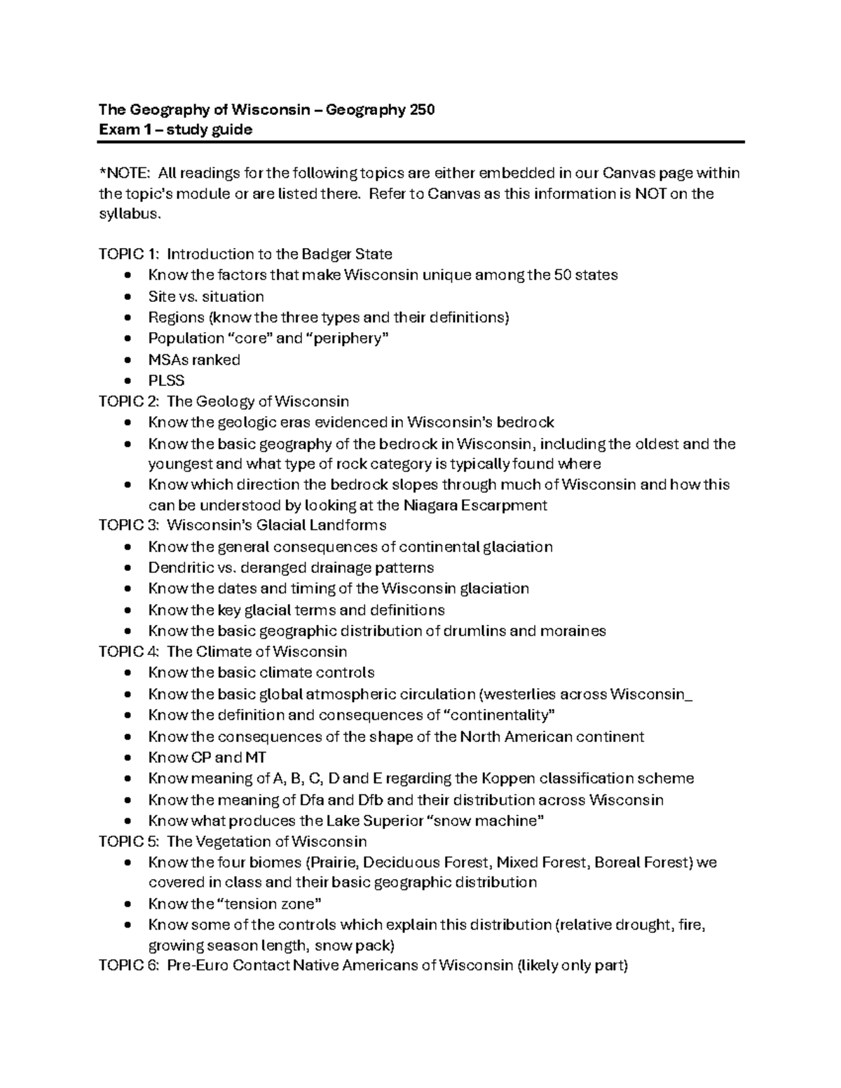Geography 250 Exam 1 Study Guide: Wisconsin's Unique Features - Studocu
