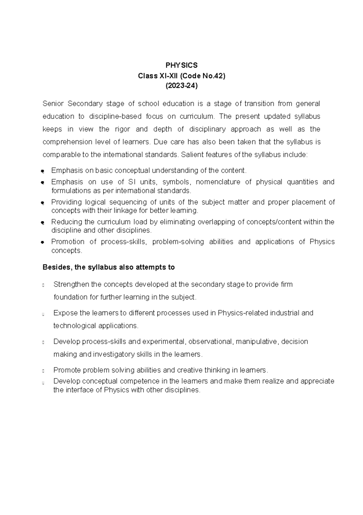 Physics Class XII (Code No. 042) Syllabus Overview 2023-24 - Studocu