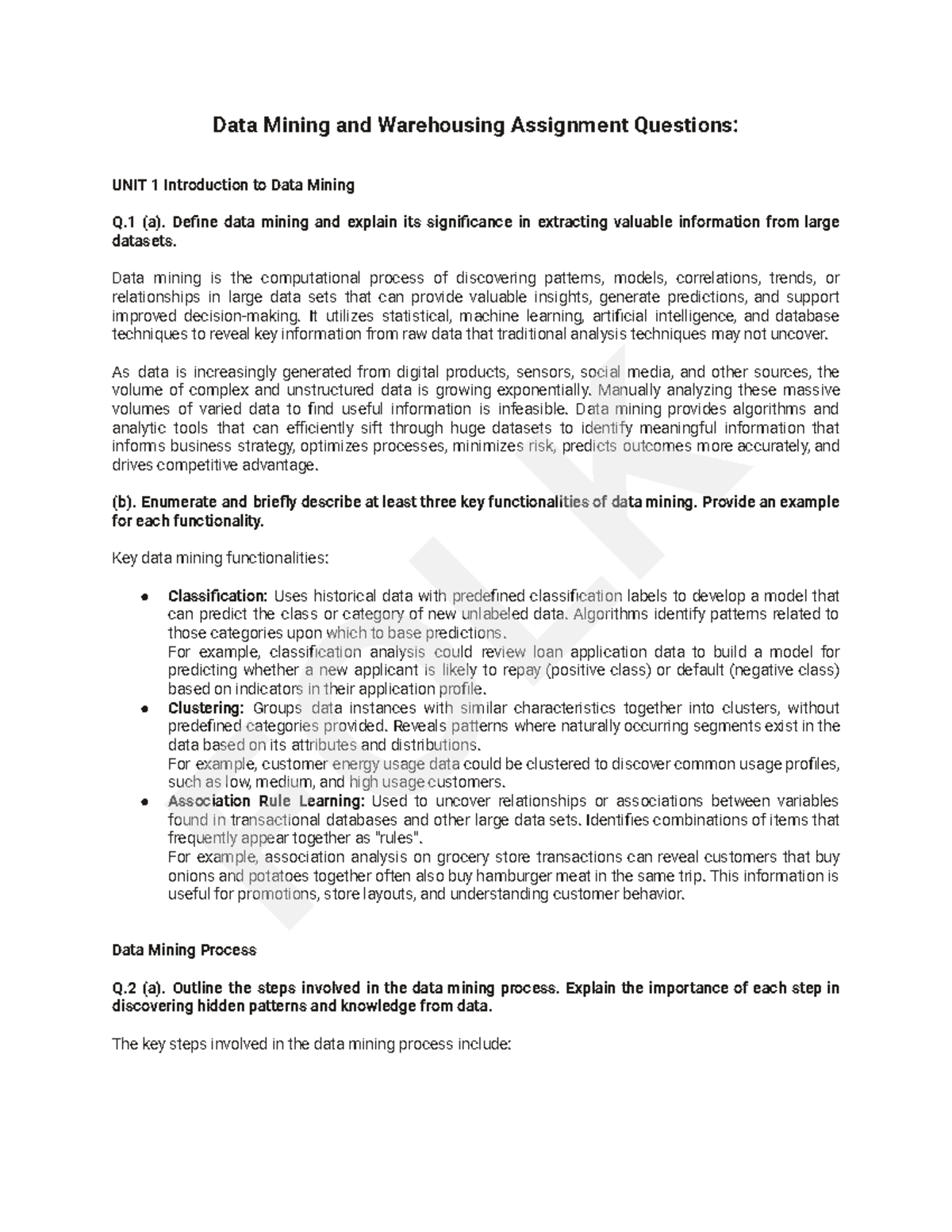 Data Mining and Warehousing Assignment Q&A - Course Code: DMW101 - Studocu