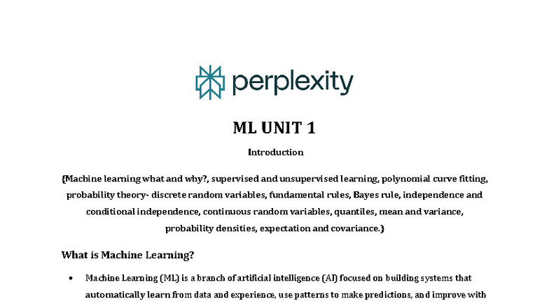 ML UNIT 1: Introduction to Machine Learning Concepts and Techniques ...