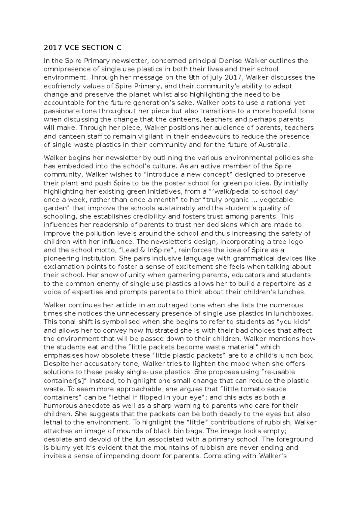 2017 VCE Section C: Addressing Single-Use Plastics at Spire Primary ...