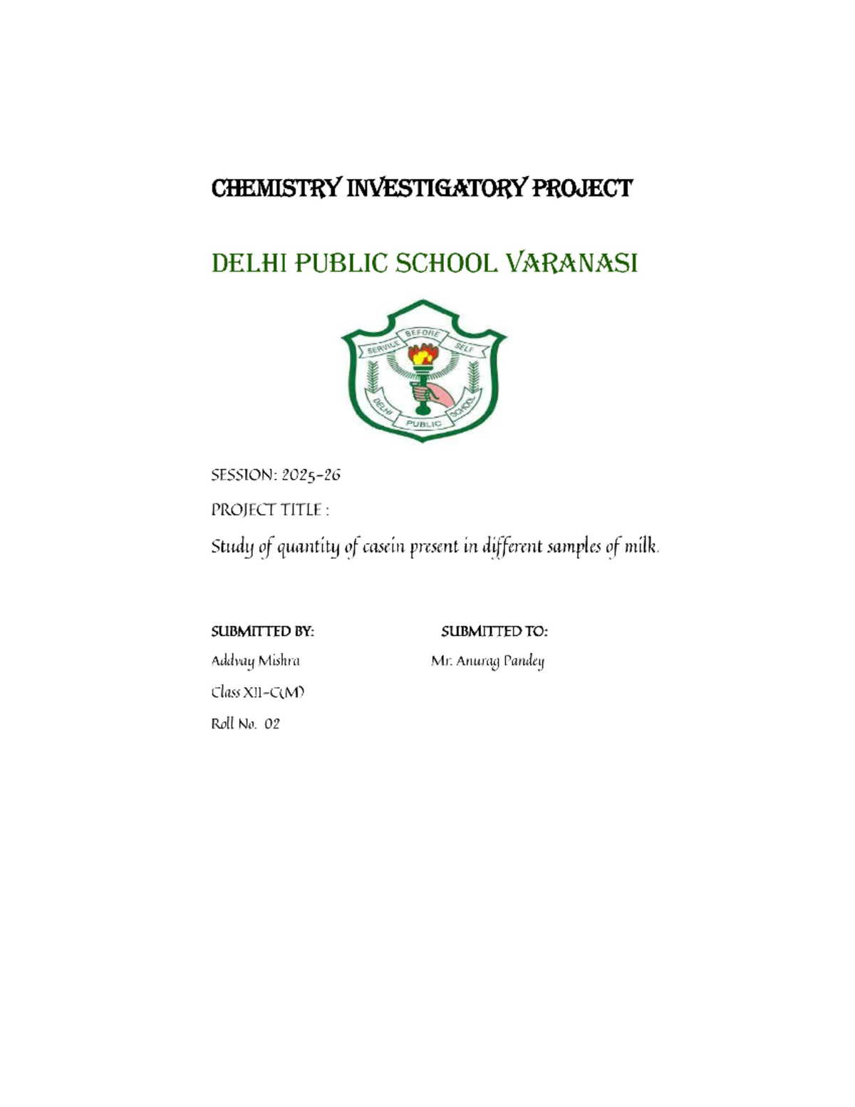 CHEMISTRY PROJECT: Casein Quantity in Milk Samples - Class XII - Studocu