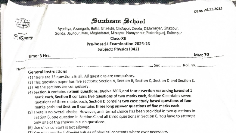 Physics (042) Final Exam Question Paper - Sunbeam School - Studocu