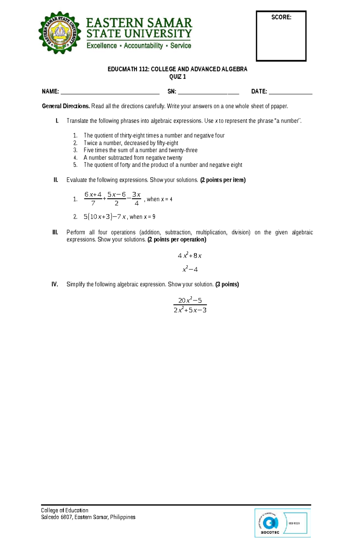 Educmath 112: College & Advanced Algebra Quiz 1 Guide - Studocu