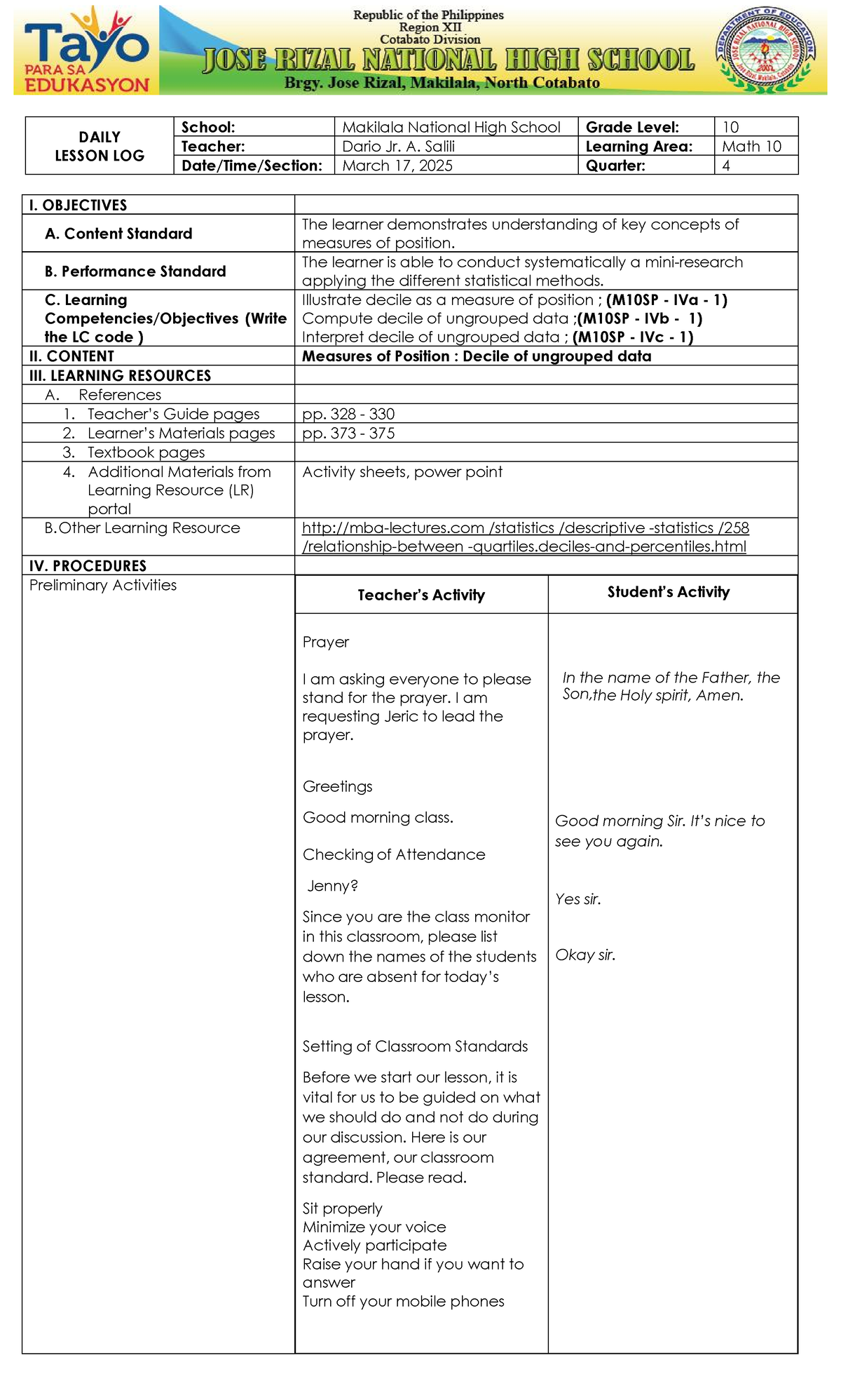 JHS Dario Salili - MATH LESSON PLAN - DAILY LESSON LOG School: Makilala ...