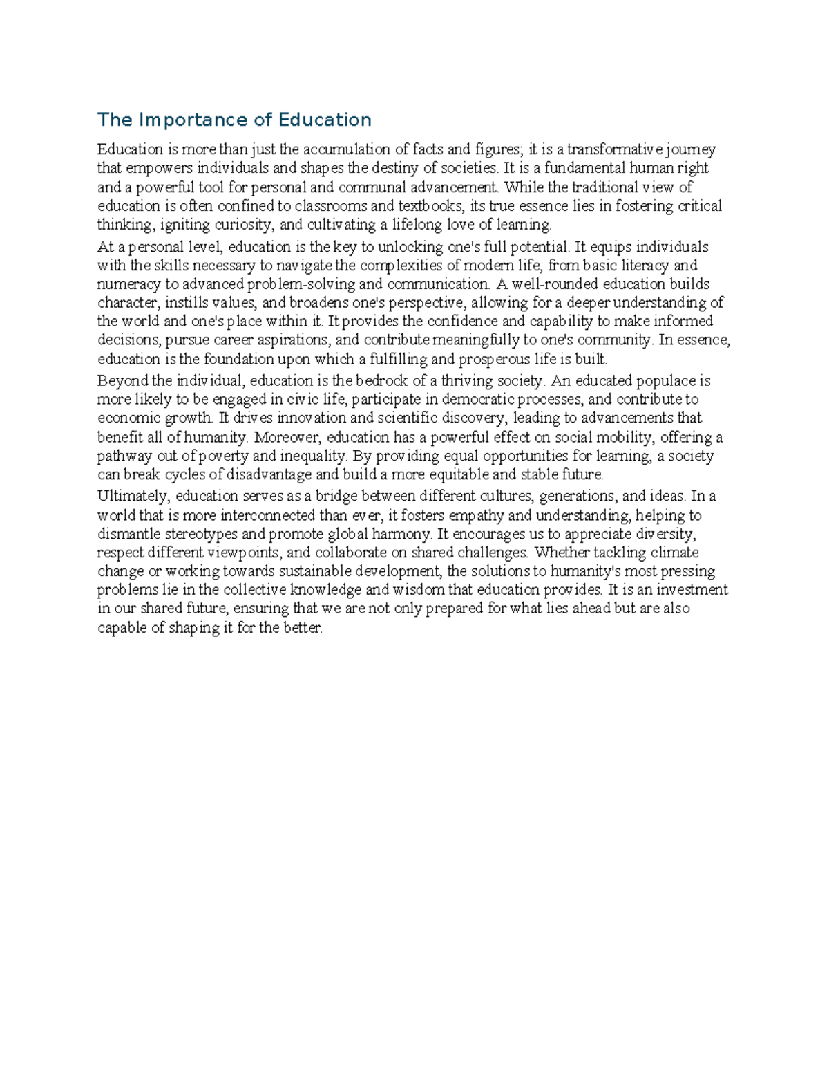 The Importance of Education: A Transformative Journey - Essay - Studocu