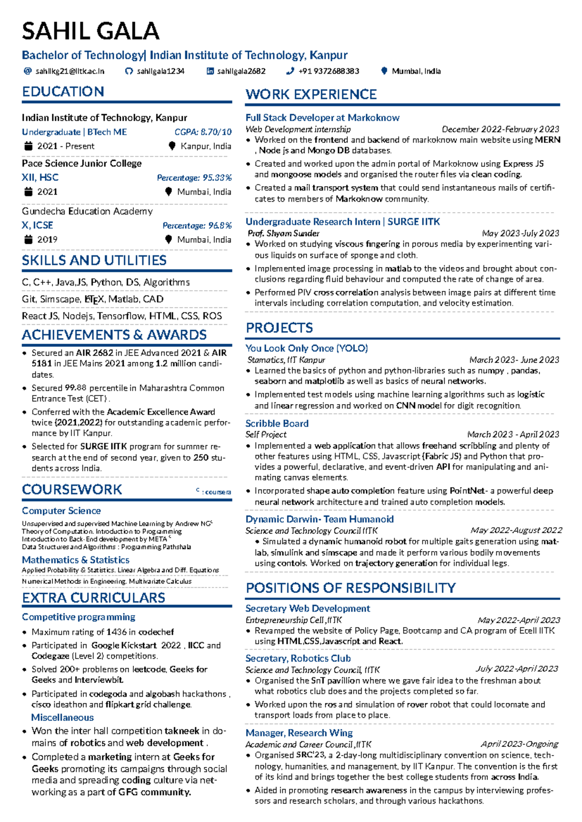 IIT Kanpur - Comprehensive CV and Experience Overview - Studocu