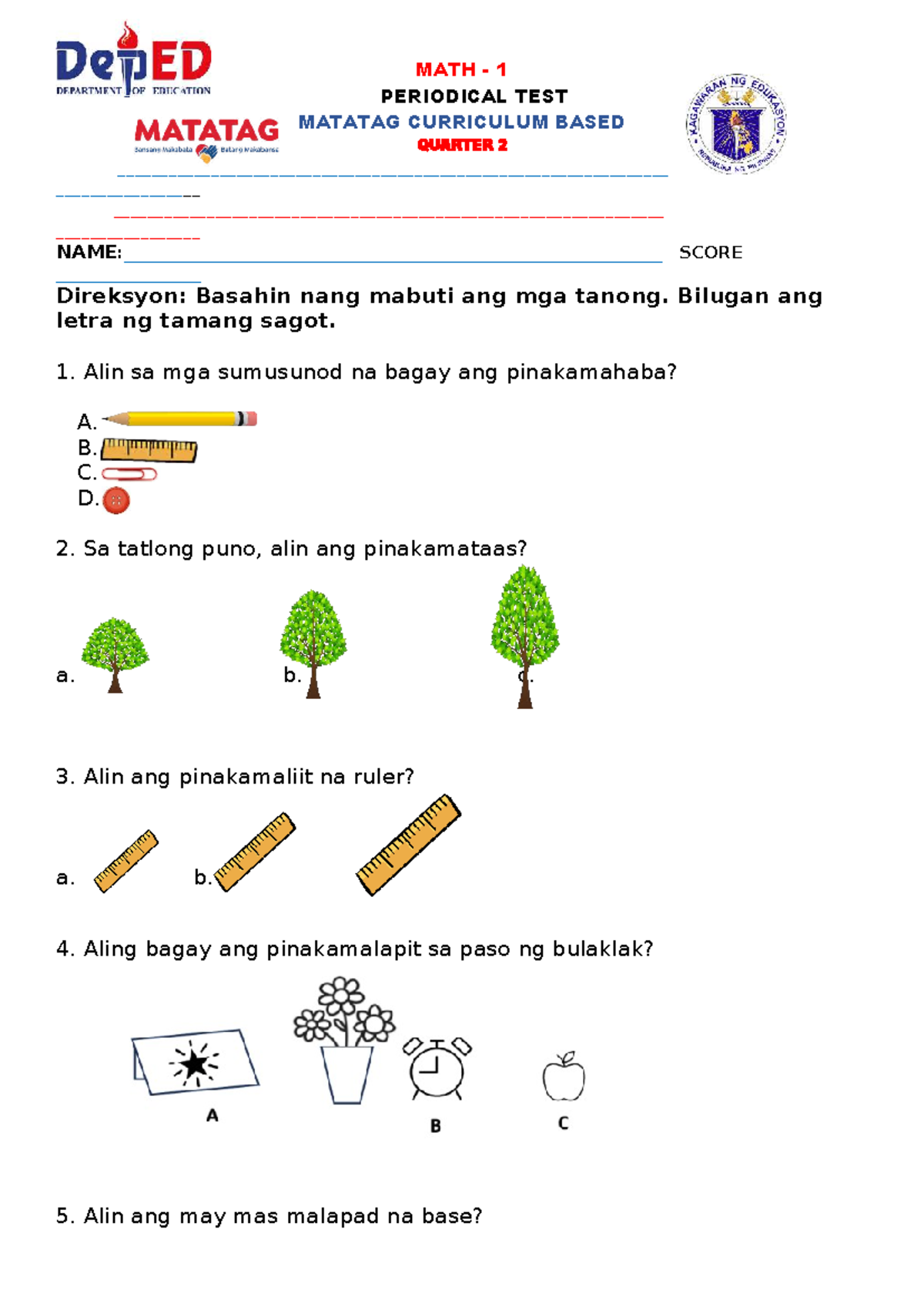 MATH 1 PERIODICAL TEST Q2: MATATAG CURRICULUM ANSWER KEY - Studocu