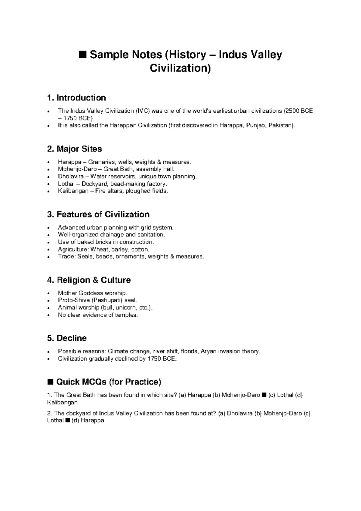 History Notes: Indus Valley Civilization Overview and MCQs - Studocu