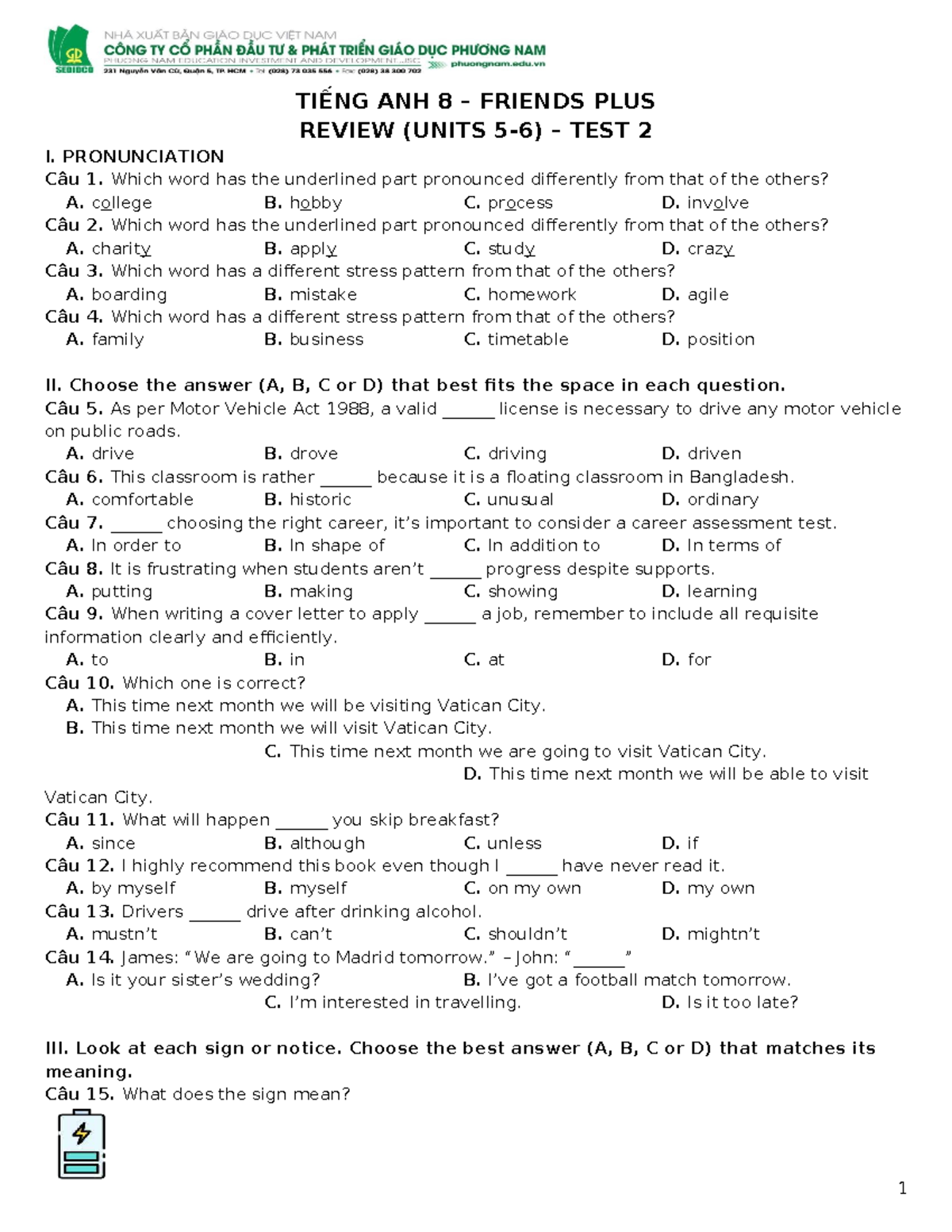 TIẾNG ANH 8 FRIENDS PLUS - REVIEW UNITS 5 & 6 (TEST 2) - Studocu