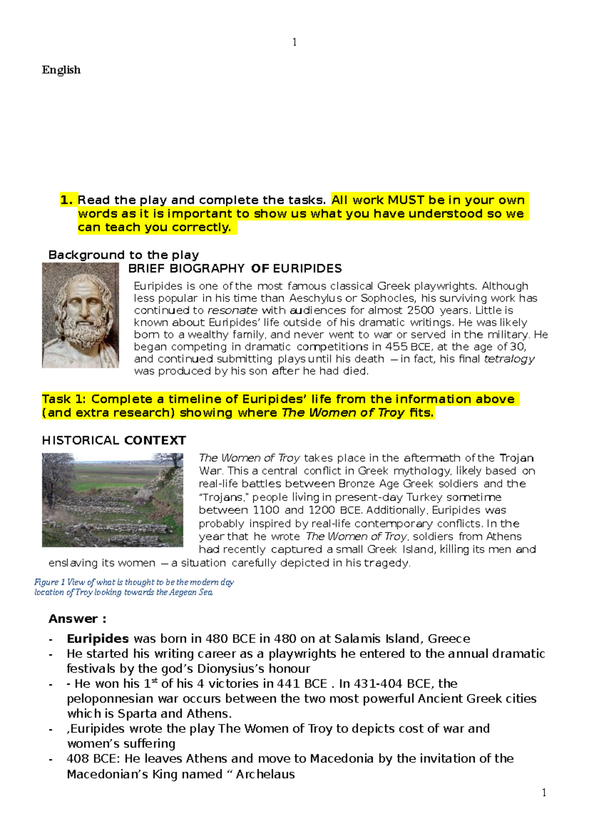 ENG 101: Euripides and the Women of Troy - Class Notes & Tasks - Studocu