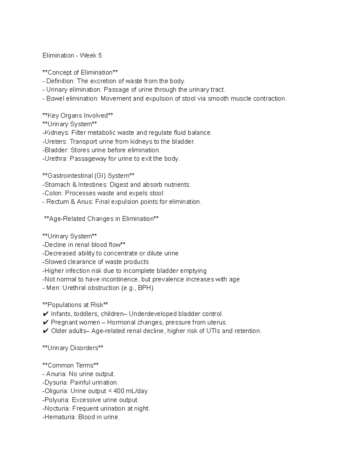 Week 5 Study Guide: Urinary & Bowel Elimination Concepts - Studocu
