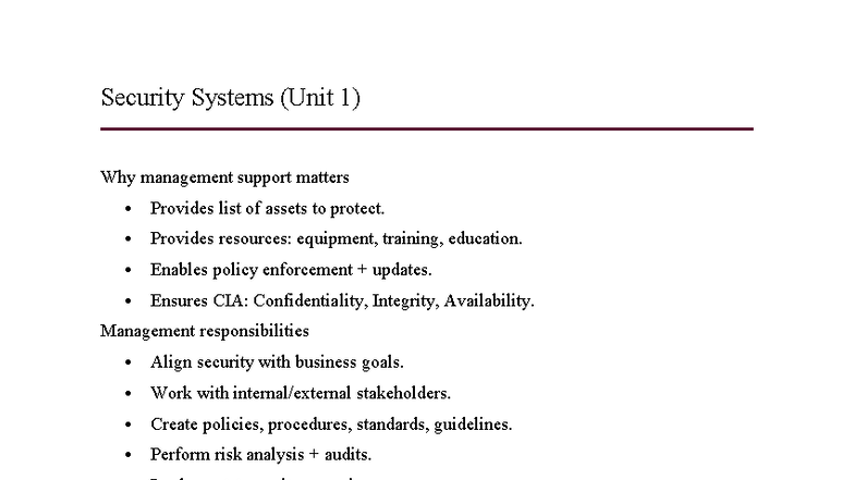 Security Systems - notess - Security Systems (Unit 1) Why management ...