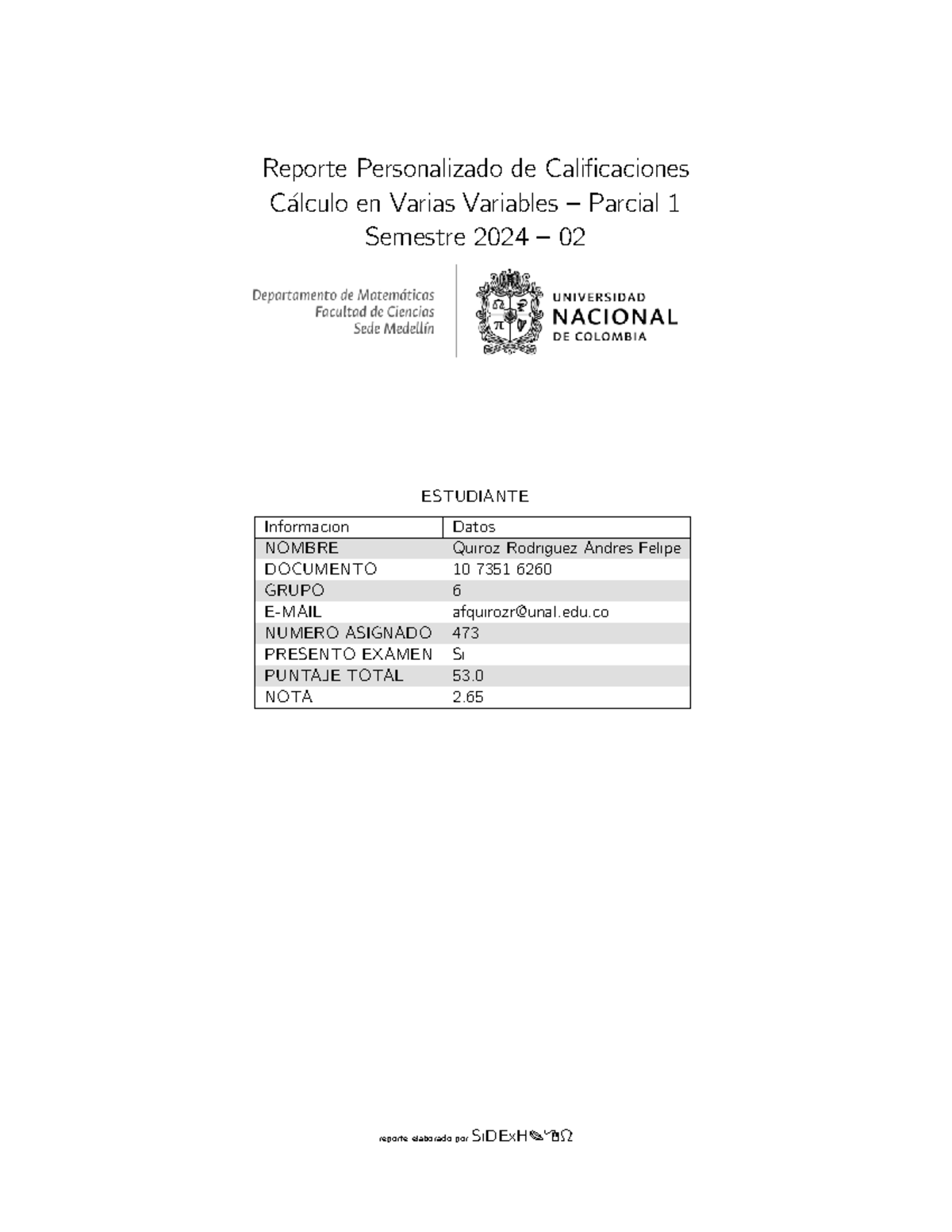 Reporte Personalizado de Calificaciones Parcial 1 Sem 2024 - Estudiante ...