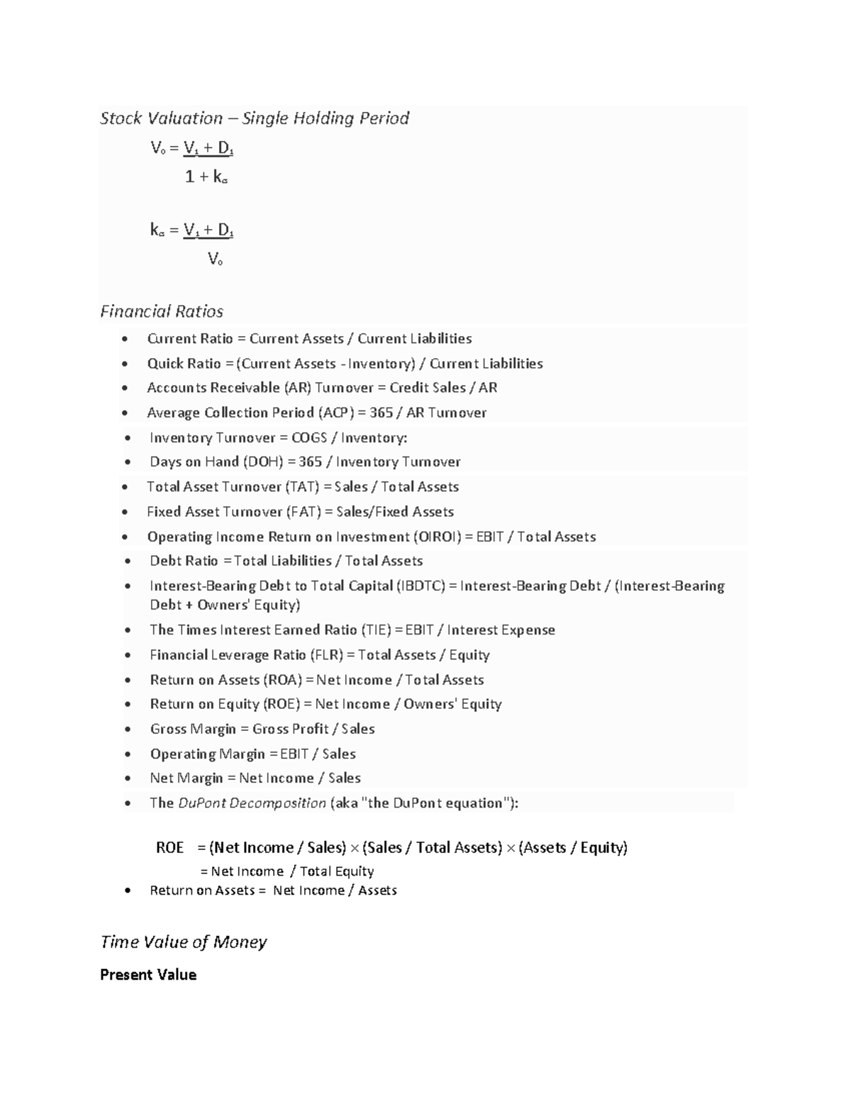 Stock Valuation & Financial Ratios Overview - OA Formulas Guide - Studocu