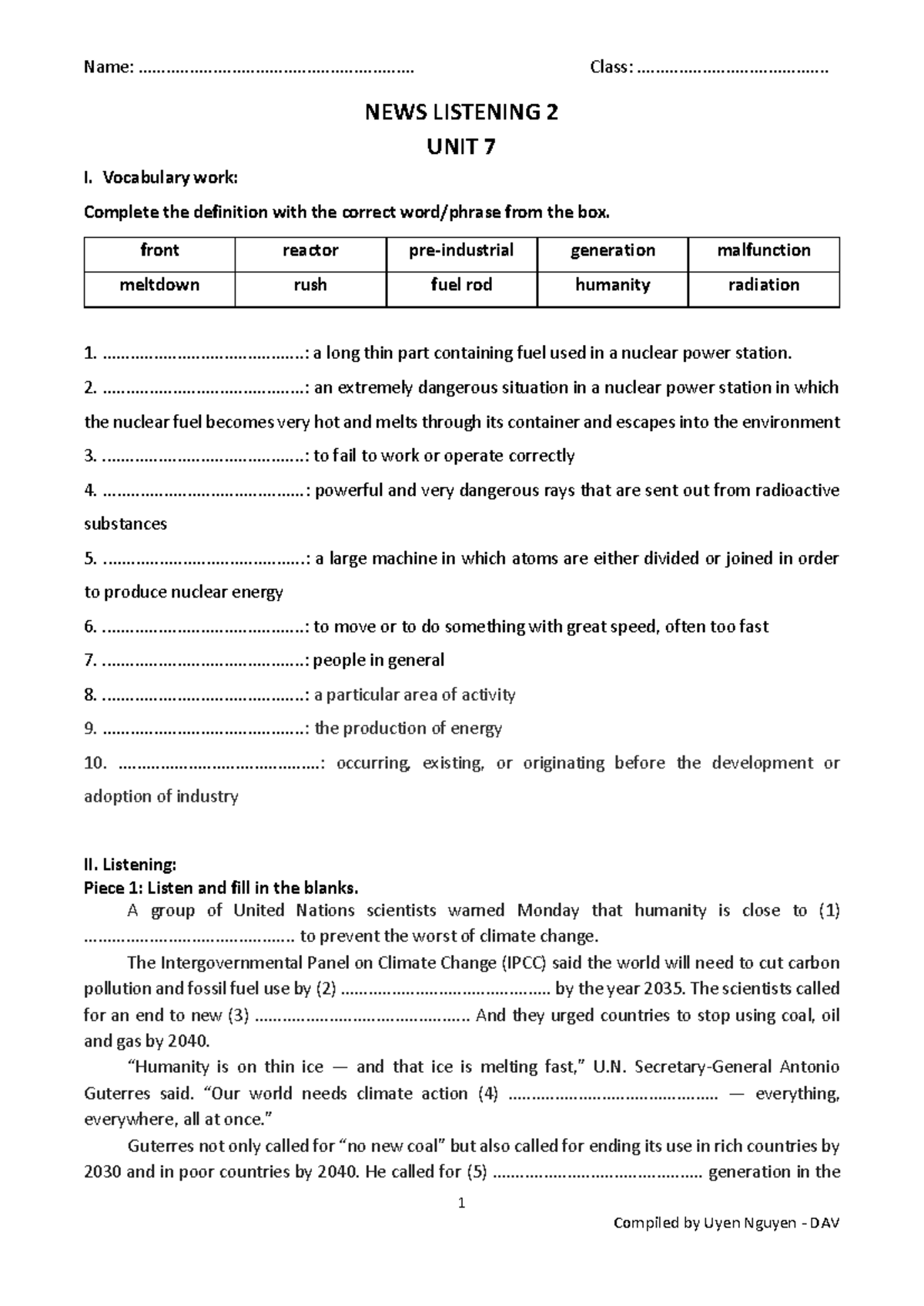 Unit 7 - News Listening 2 Vocabulary and Listening Exercises - Studocu