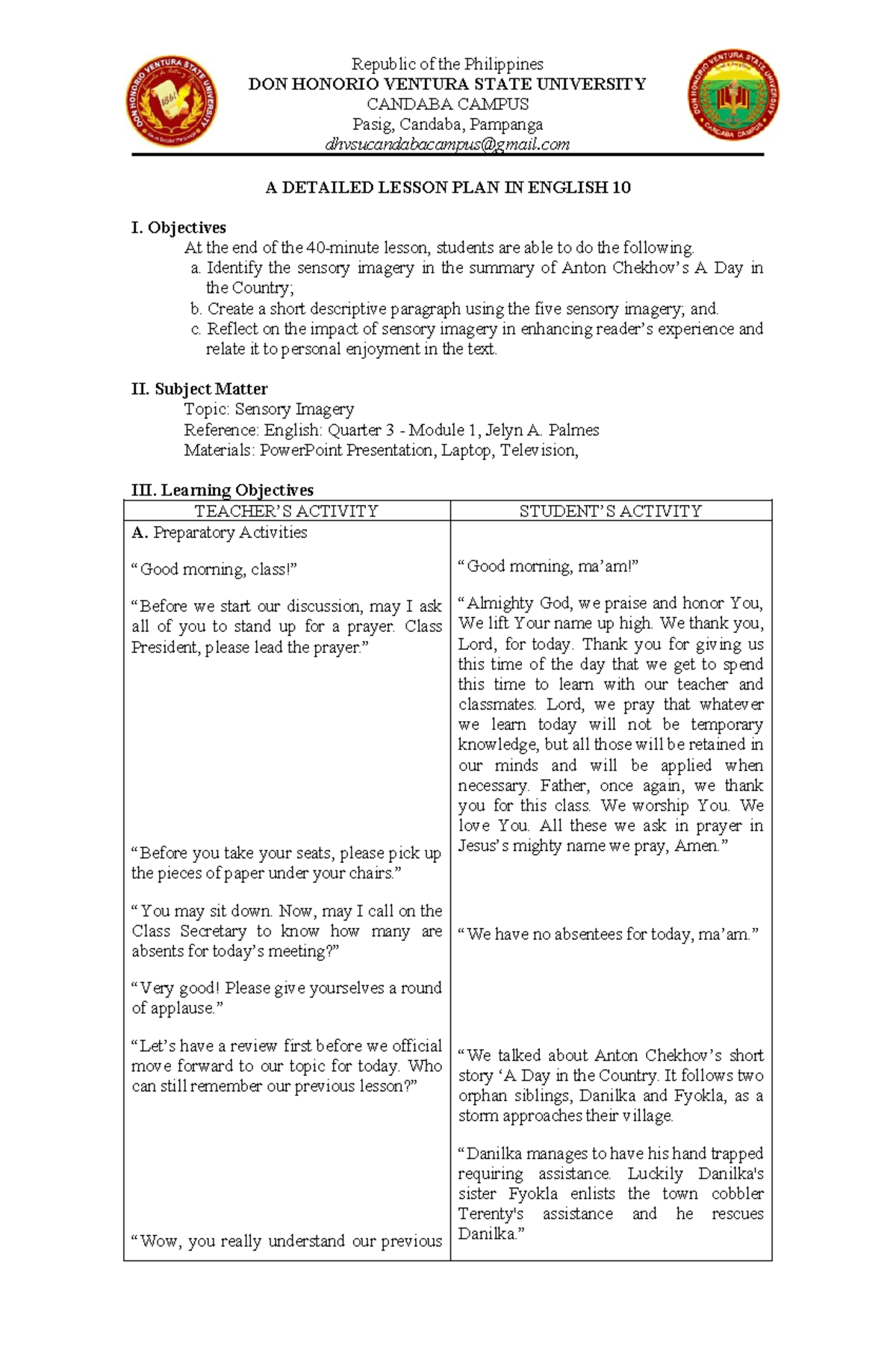 A Detailed Lesson PLAN IN Grade 11 Humss - DON HONORIO VENTURA STATE ...