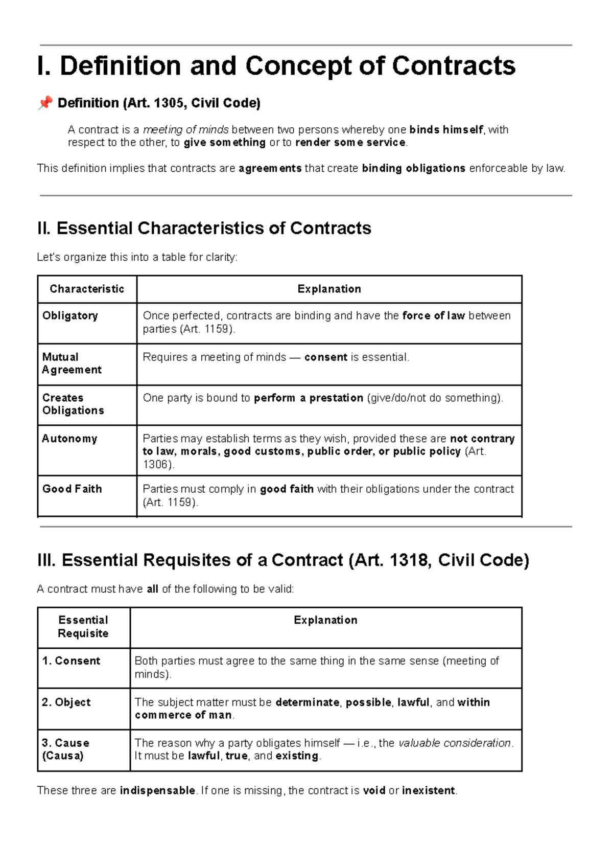 Contracts Oblicon - I. Definition and Concept of Contracts 📌 Definition ...