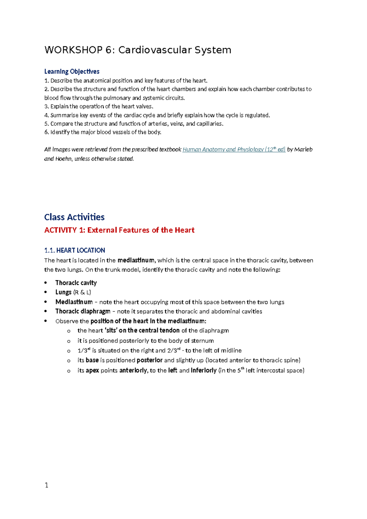 Workshop 06: Cardiovascular System Overview and Learning Objectives ...
