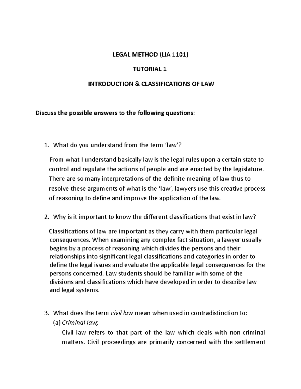 Tutorial 1 Introduction and Classification (legal method) - LEGAL ...