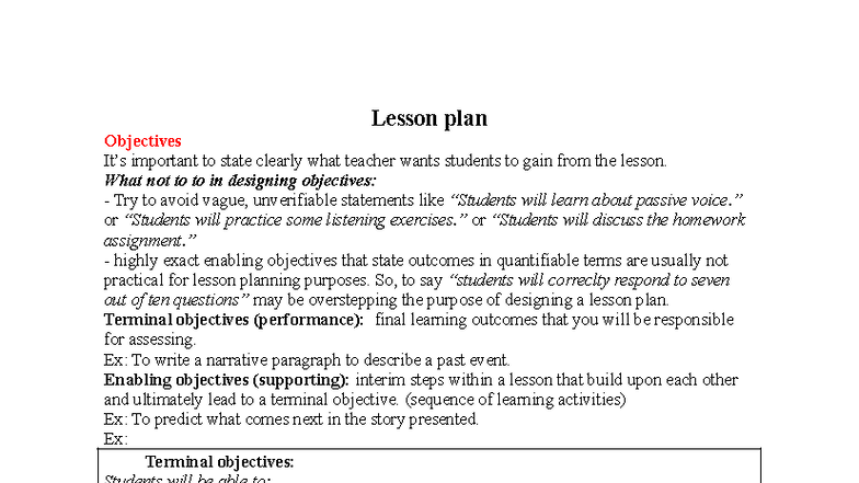 English Teaching Lesson Plan Objectives and Procedures Guide - Studocu