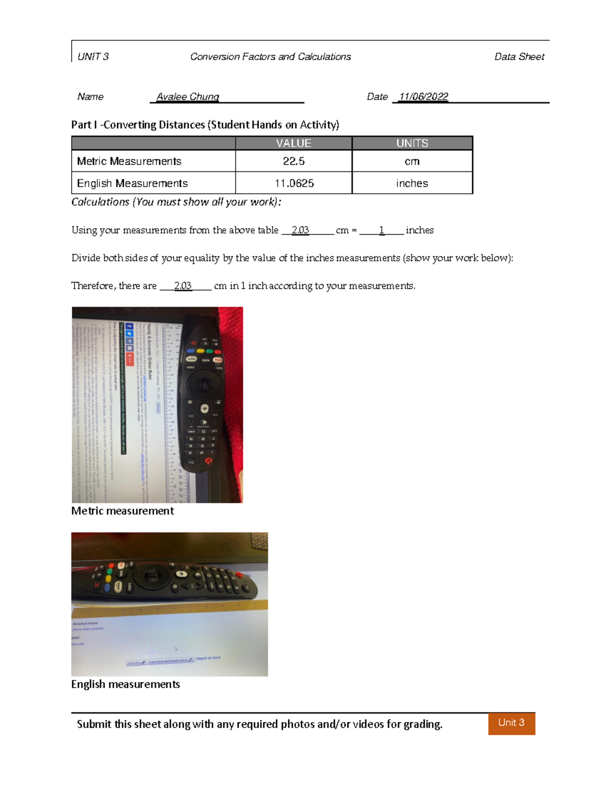 Unit 3: Conversion Factors & Calculations Data Sheet (Hands-on ...