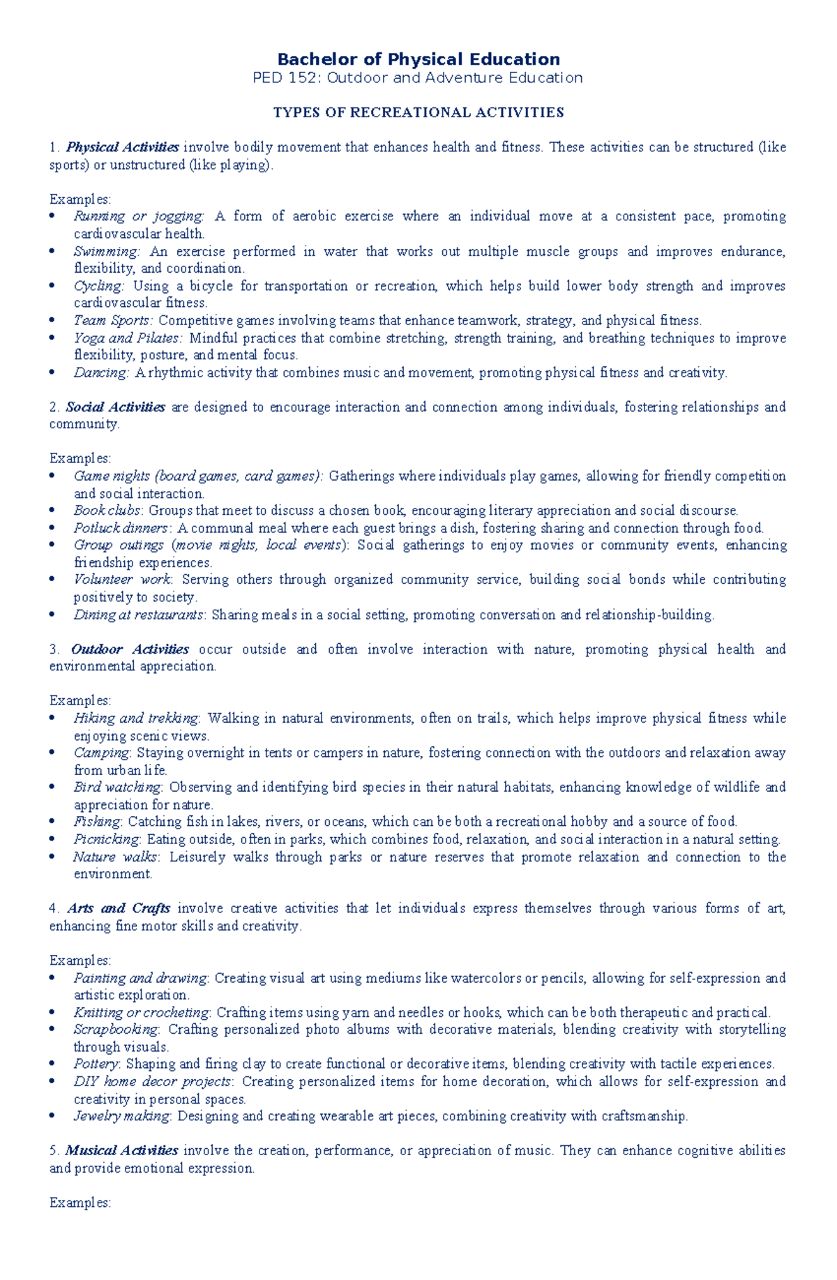PED 152: Types of Recreational Activities in Outdoor Education - Studocu