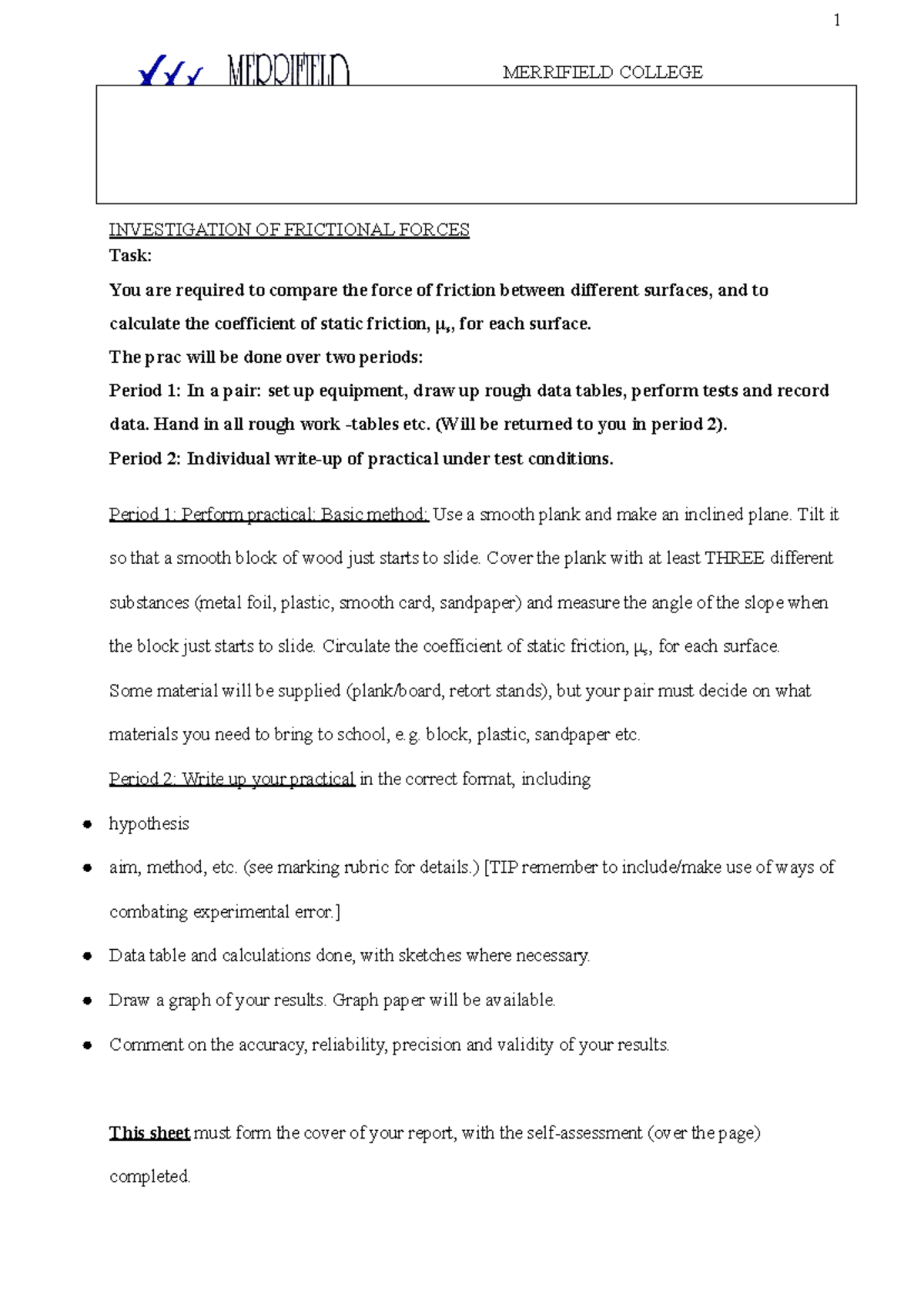 Grade 11 Physical Sciences: Friction Investigation Practical Report ...