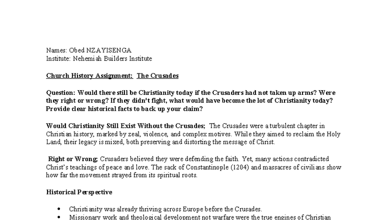Church History Assignment: The Impact of the Crusades on Christianity ...