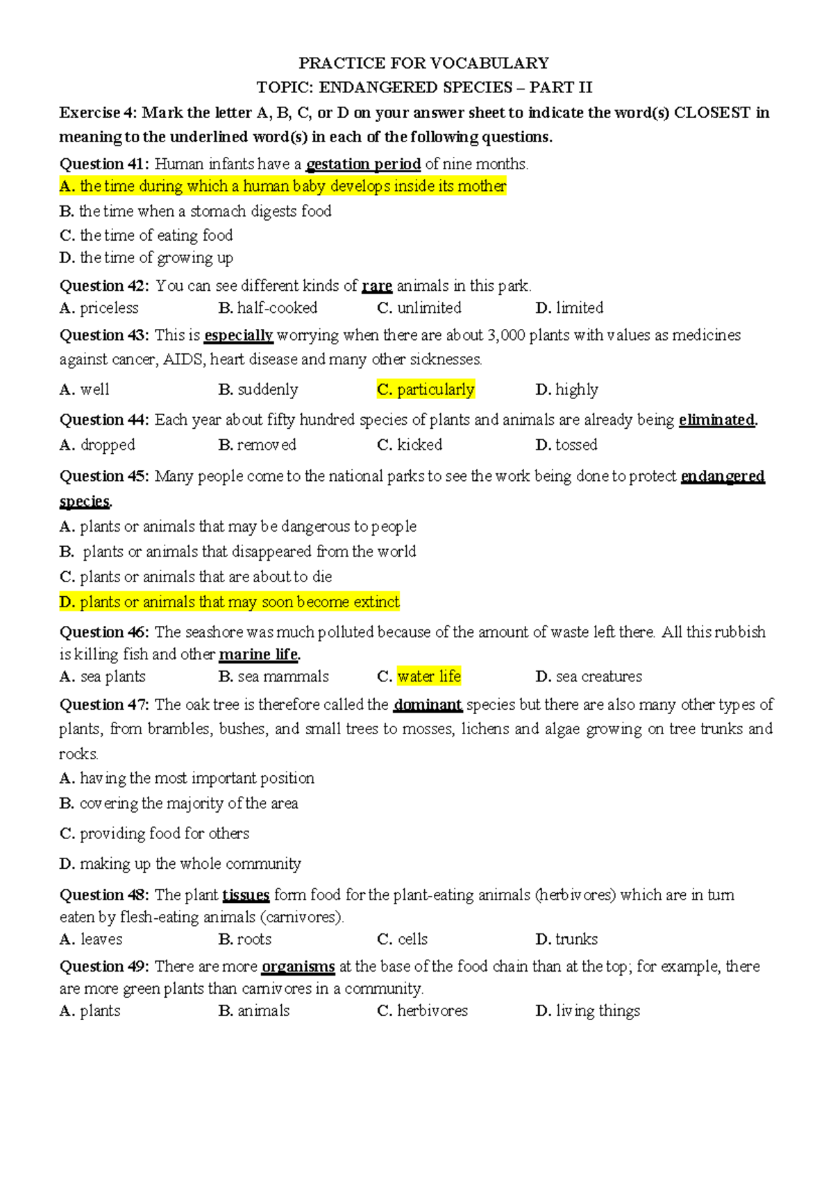 Practice for Vocabulary: Endangered Species - Part II - Studocu