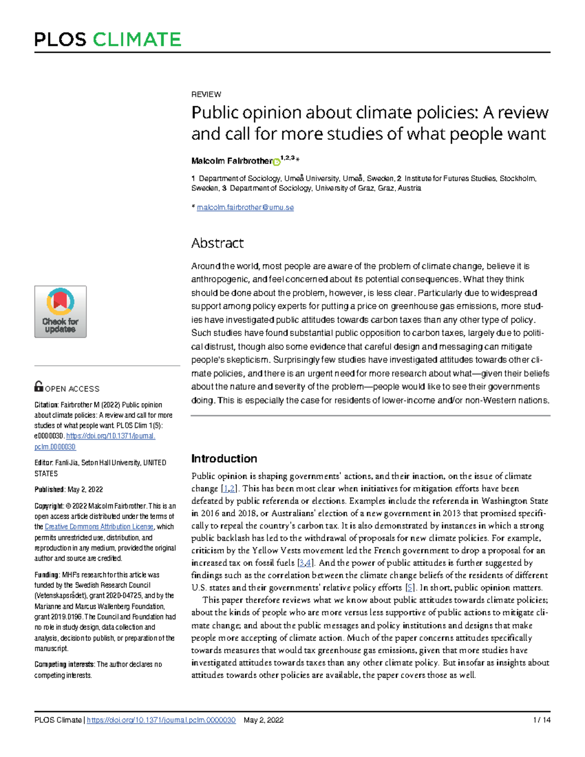 PLOS CLIMATE REVIEW: Public Opinion on Climate Policies and Preferences ...