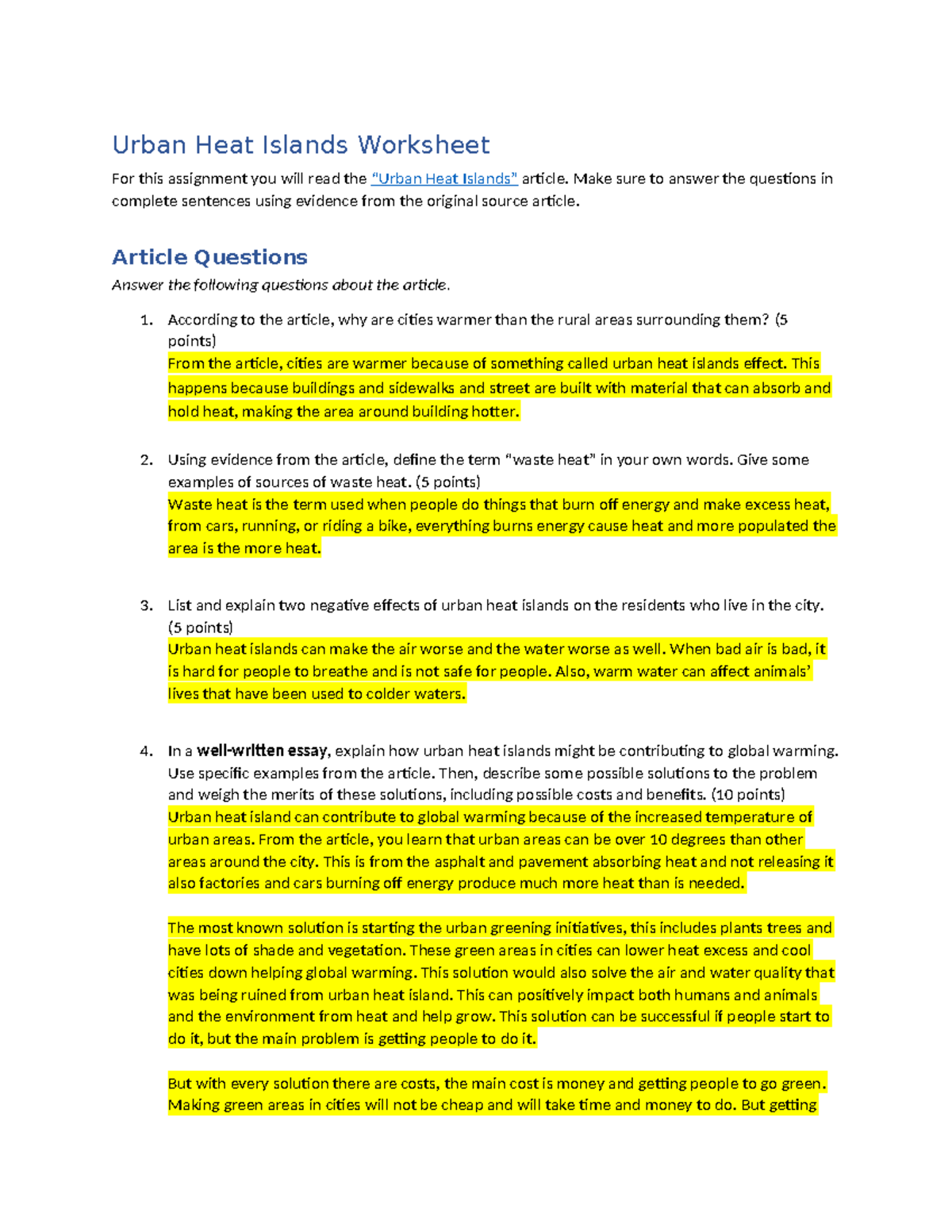 Urban Heat Islands Worksheet - Assignment Questions & Essay Insights ...