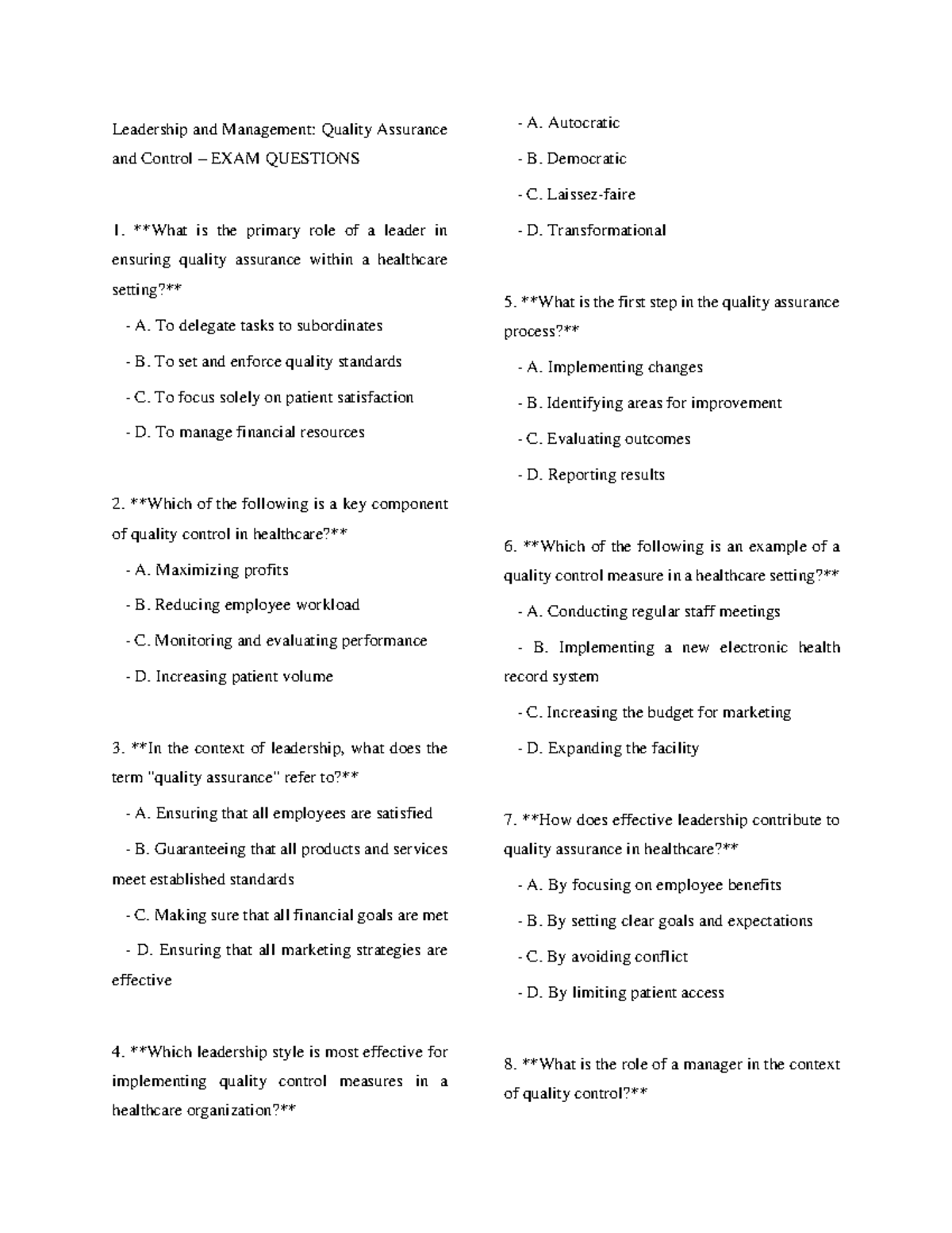 Quality Assurance and Control – EXAM Questions - Leadership and ...