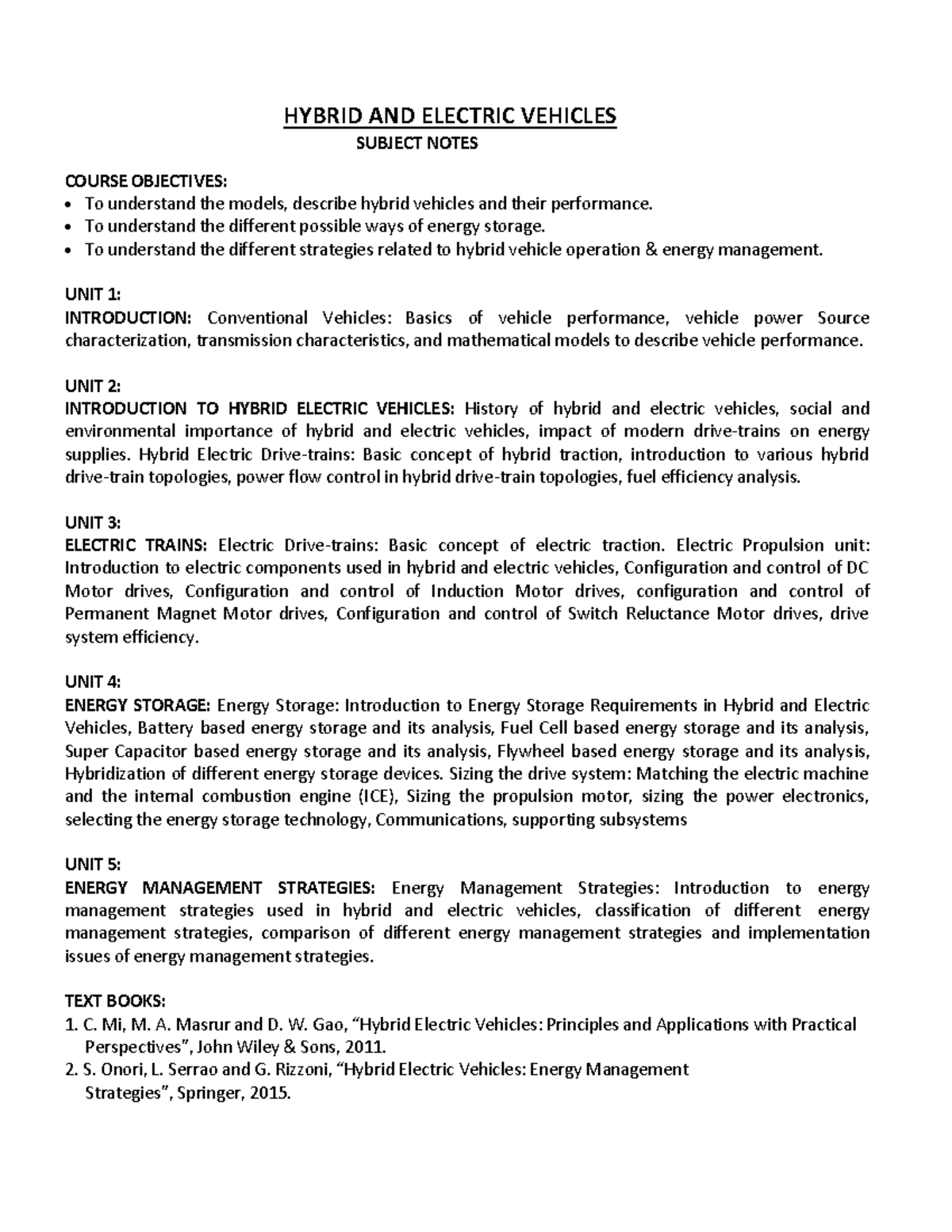 HYB 201: Hybrid & Electric Vehicles Comprehensive Study Notes - Studocu