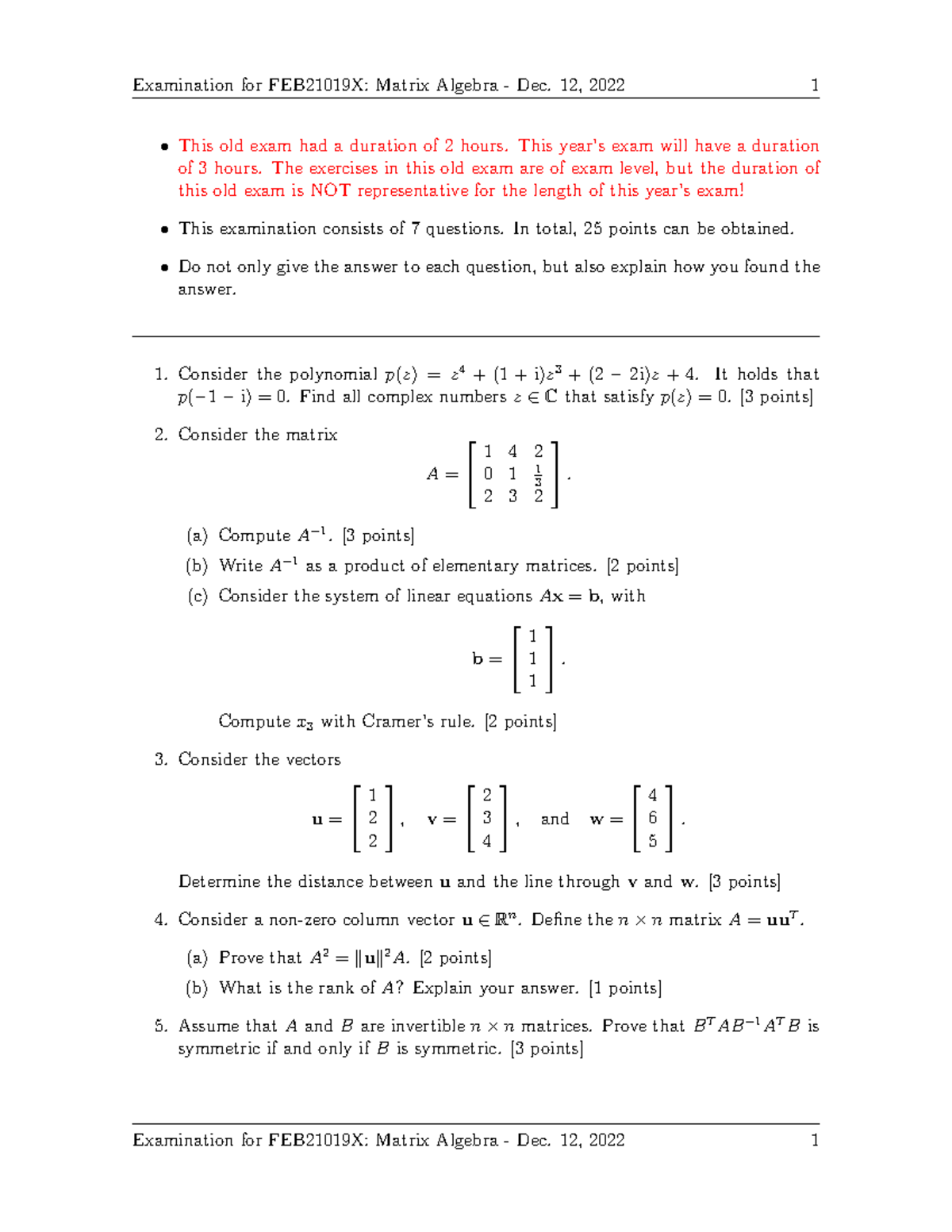 Old Exam for FEB21019X: Matrix Algebra Practice Questions - Studeersnel