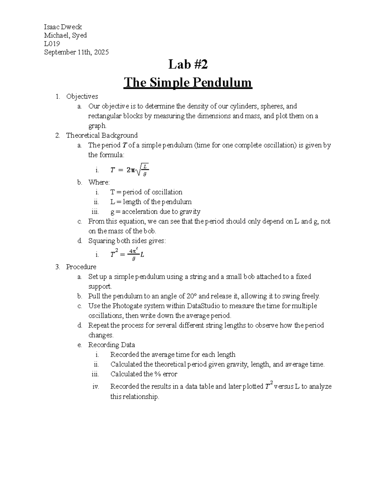 Lab Report #2: Simple Pendulum Density Experiment (L019) - Studocu