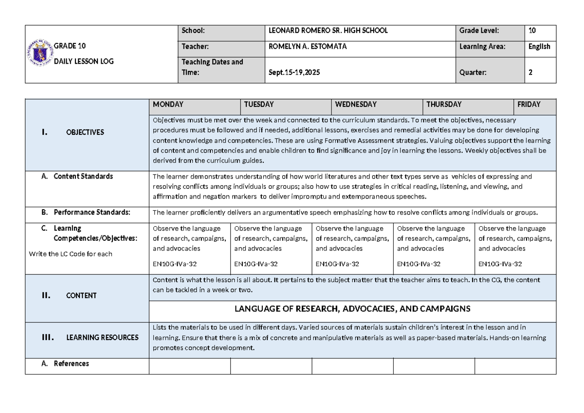 Grade 10 English Daily Lesson Log: Week 1 Activities - Studocu