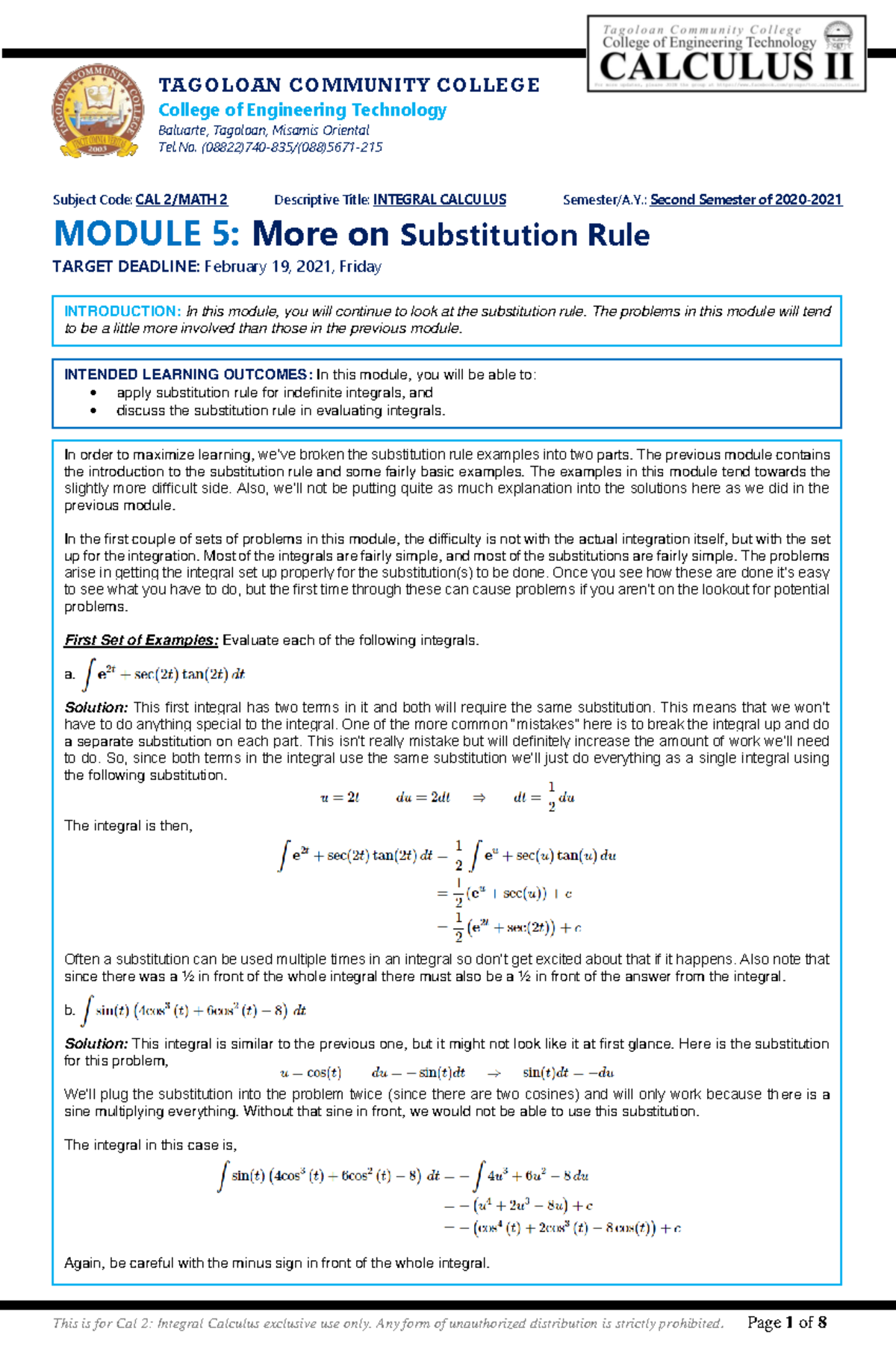 Module 5 of Calculus 2 - Lecture notes 5 - INTRODUCTION: In this module ...