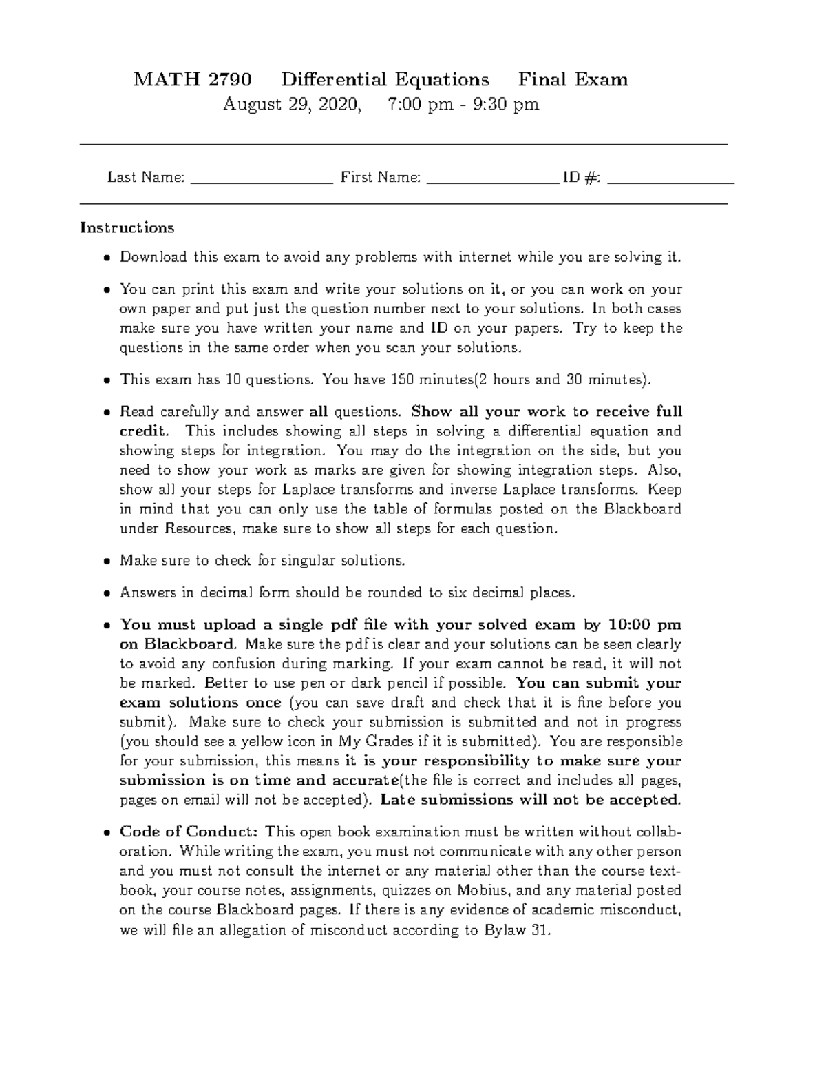 MATH 2790 Differential Equations Final Exam Questions Guide - Studocu