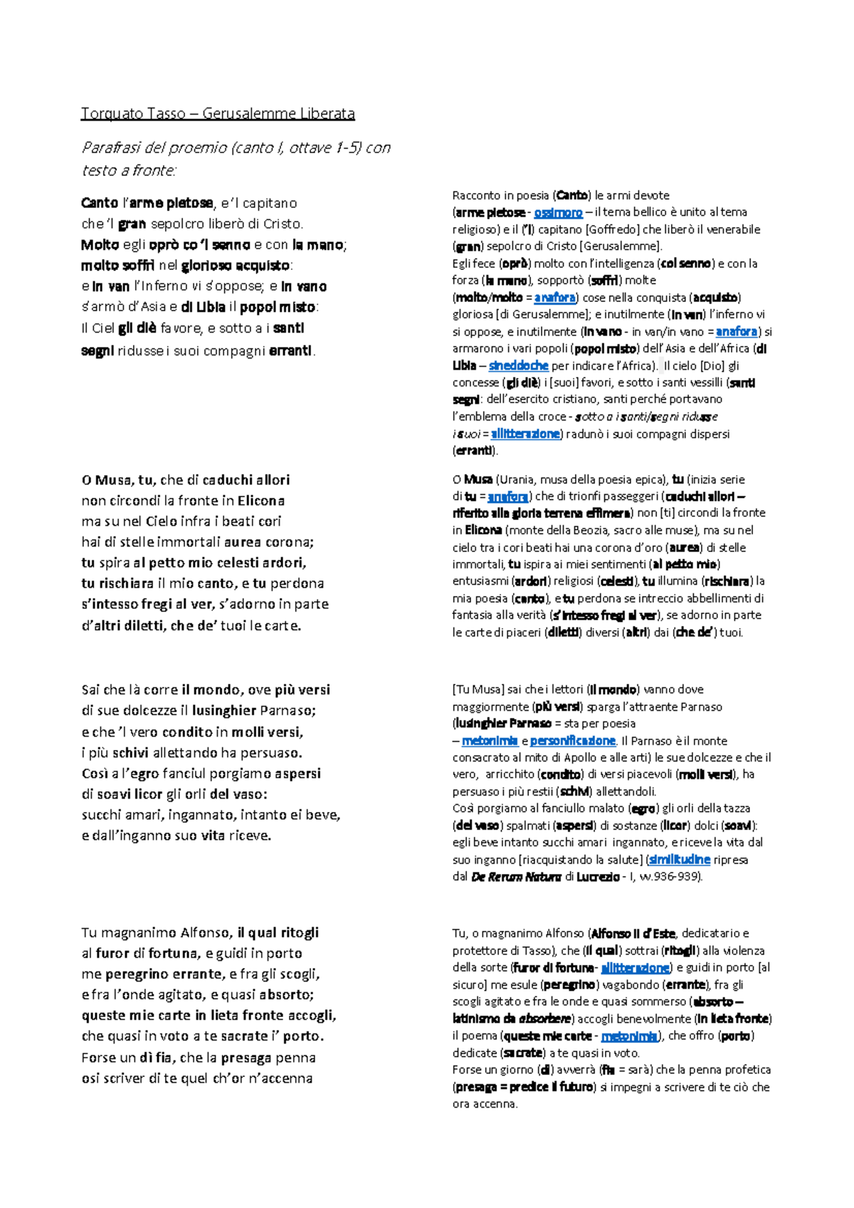Parafrasi del Proemio di "Gerusalemme Liberata" - Canto I, Ottave 1-5 ...