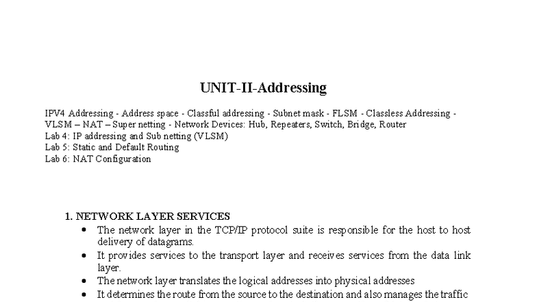 20CSPW401 Network Layer Services and IPv4 Addressing Notes - Studocu