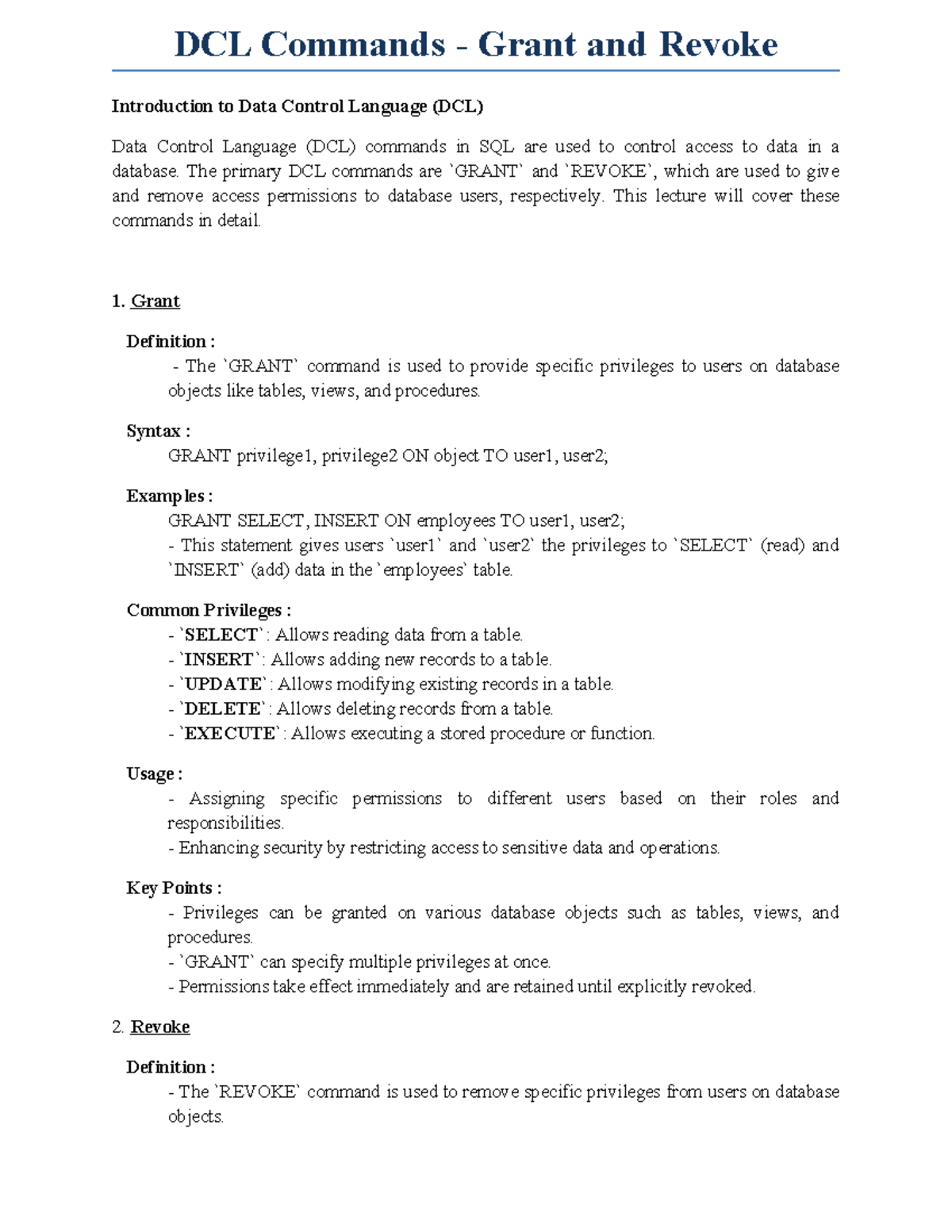 Lecture 1 - klklklkl - DCL Commands - Grant and Revoke Introduction to ...