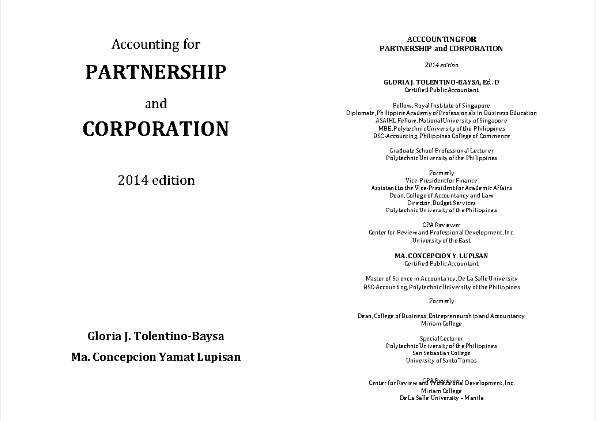 Accounting for Partnership and Corporation (BAYSA-1) Study Material ...