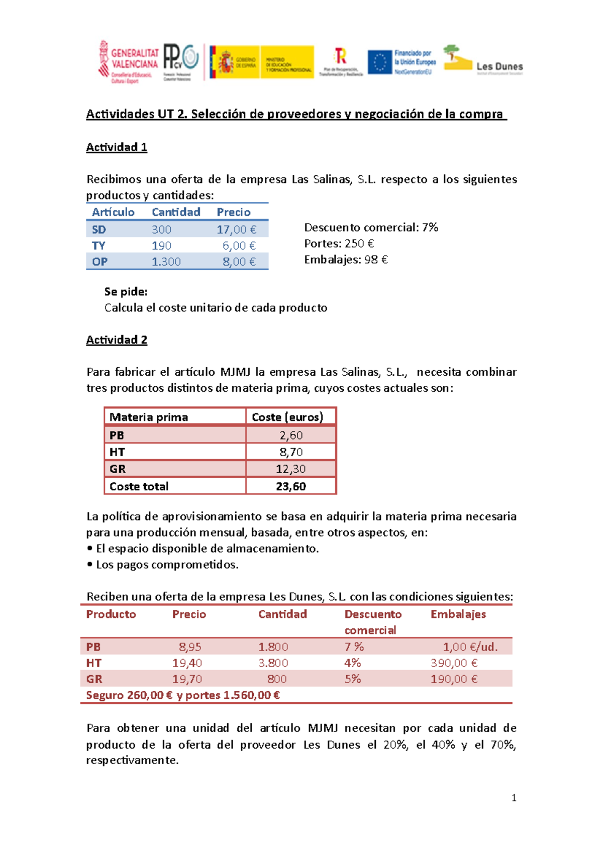 Actividades UT2 1 - Español - Actividades UT 2. Selección de proveedores y negociación de la ...