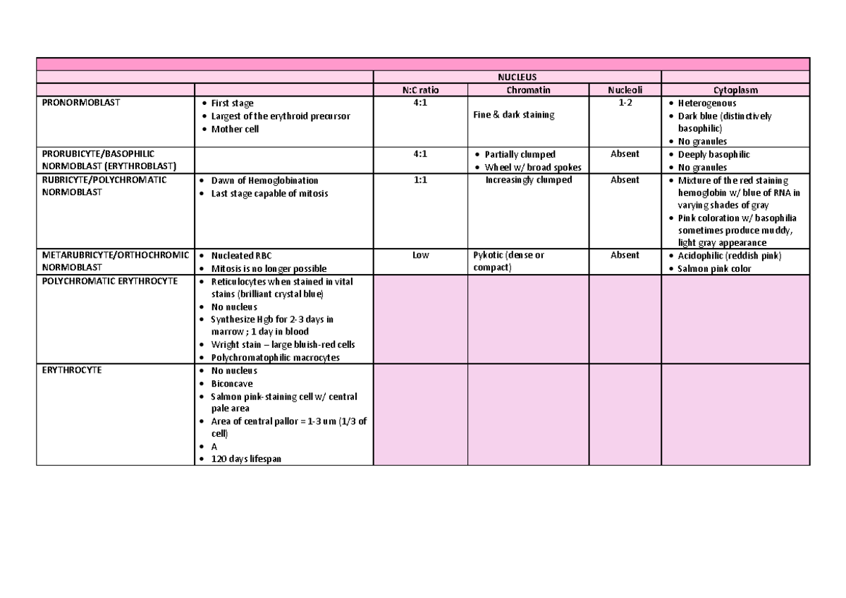 Stages of Hematopoietic Cell Development: Tabular Overview - Studocu