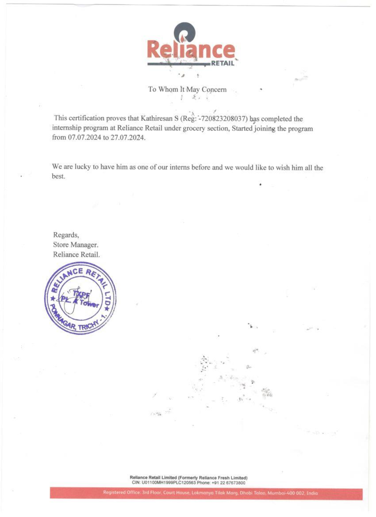 Certificate of Internship Completion at Reliance Retail - Kathiresan S ...